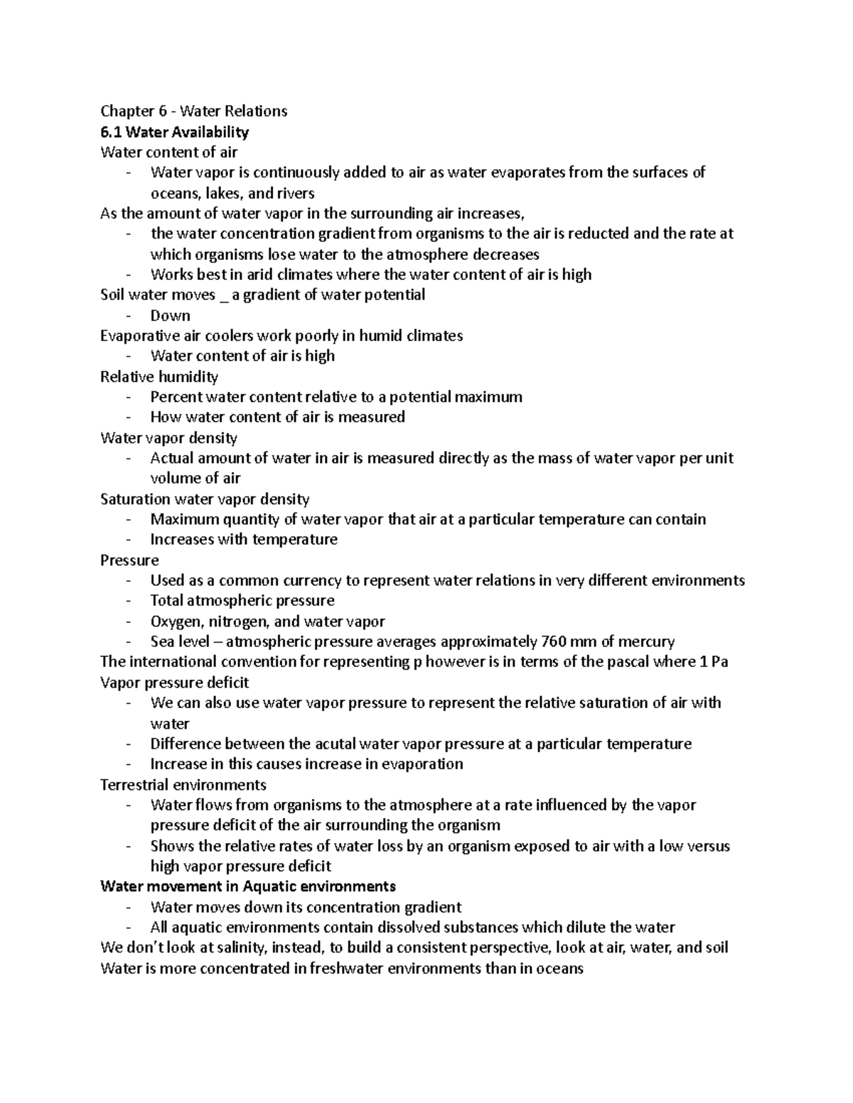Ecology 6.1 lecture - Chapter 6 - Water Relations 6 Water Availability ...