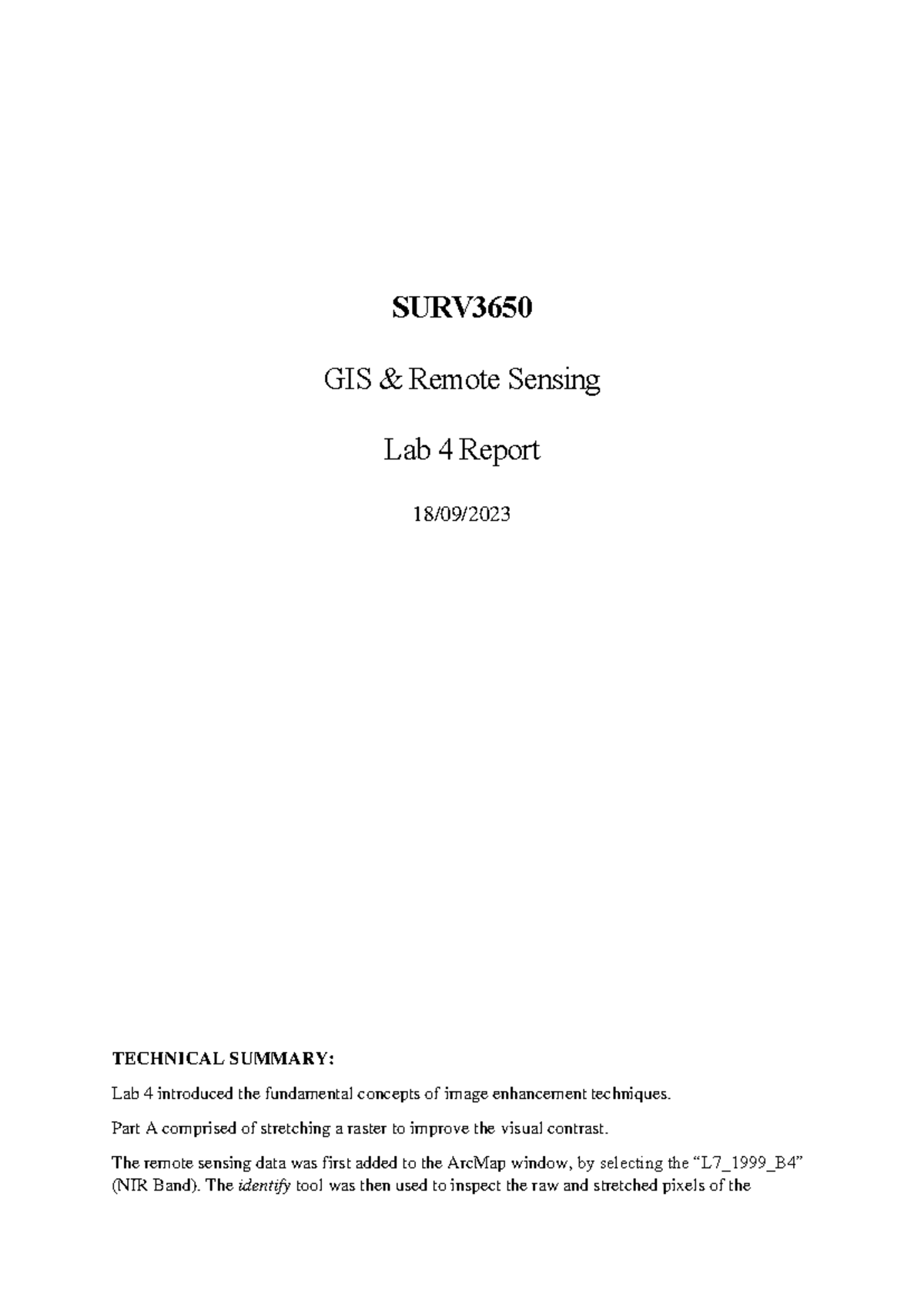 Report 4 - SURV3650 - SURV GIS & Remote Sensing Lab 4 Report 18 /09 ...