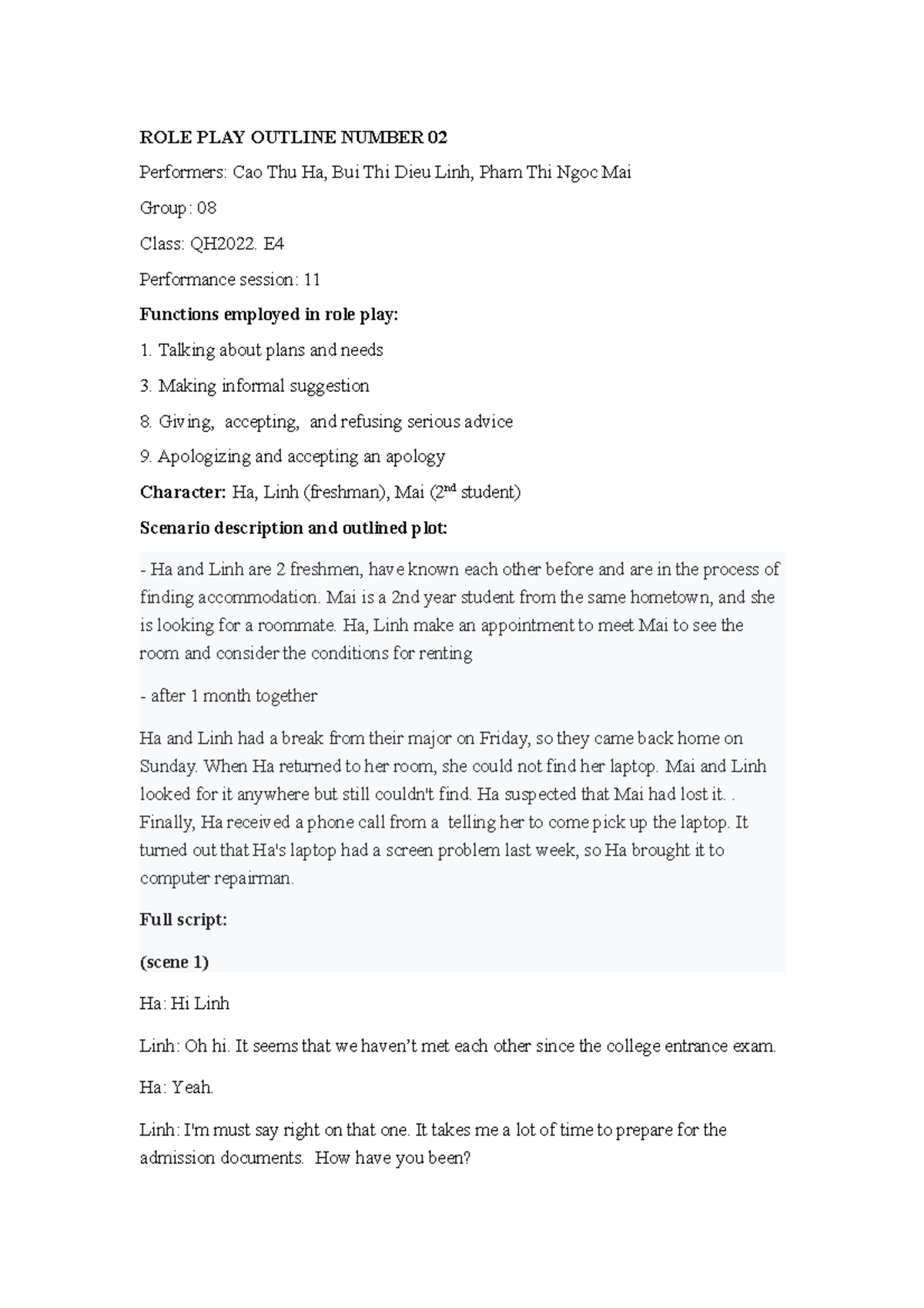 Roleplay 2 - FOR SOMEONE NEED - ROLE PLAY OUTLINE NUMBER 02 Performers ...