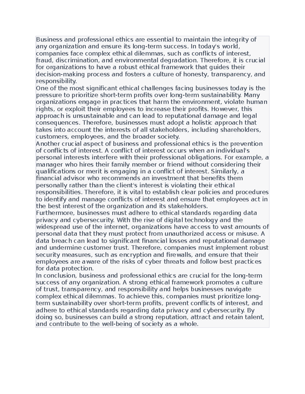 Bussines and professional athics - In today's world, companies face ...
