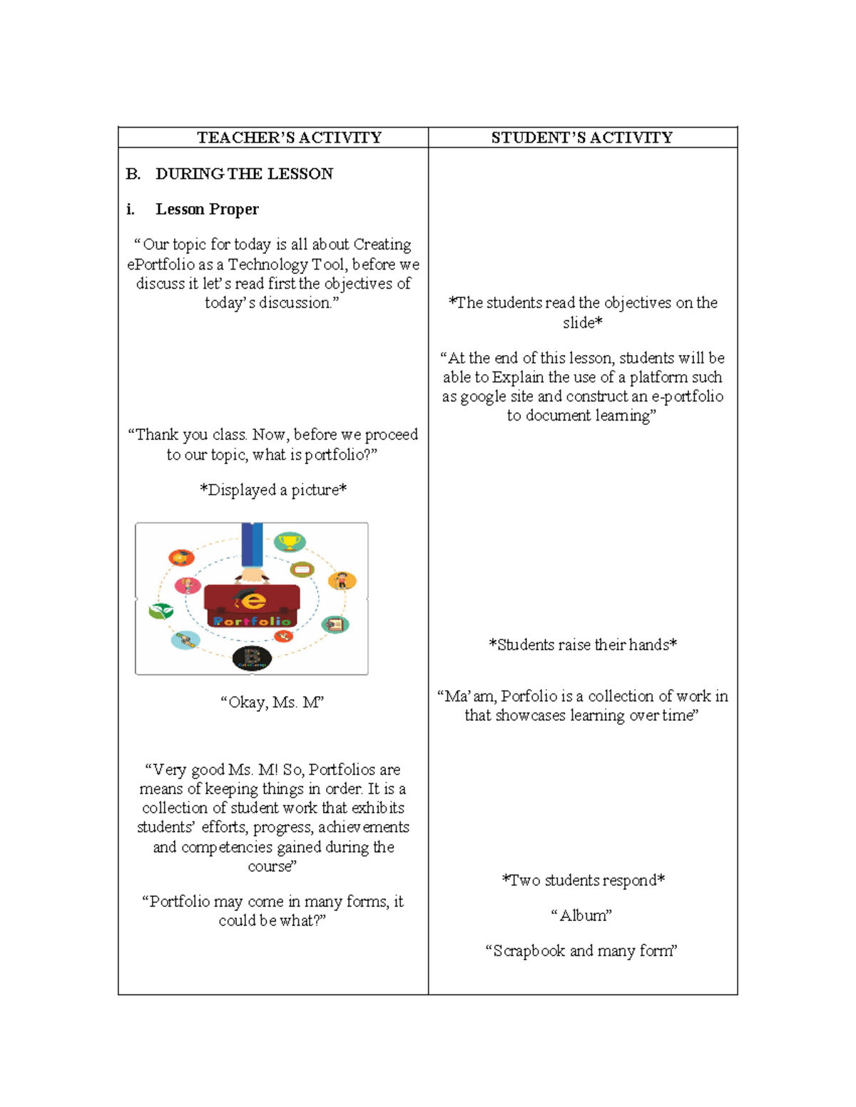 DLP ( Lesson Proper) - TEACHER’S ACTIVITY STUDENT’S ACTIVITY B. DURING ...