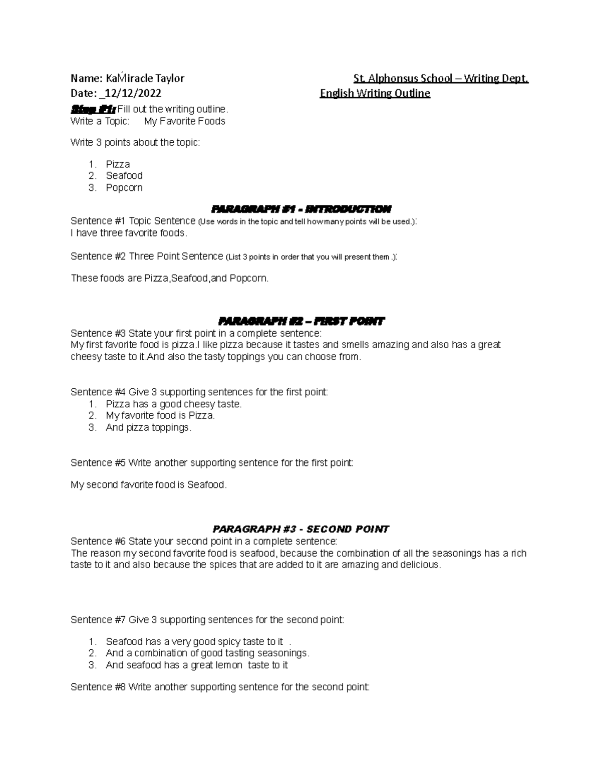 Ka'Miracle Taylor - Writing an Outline - Upper Grades (No lines) - Name ...