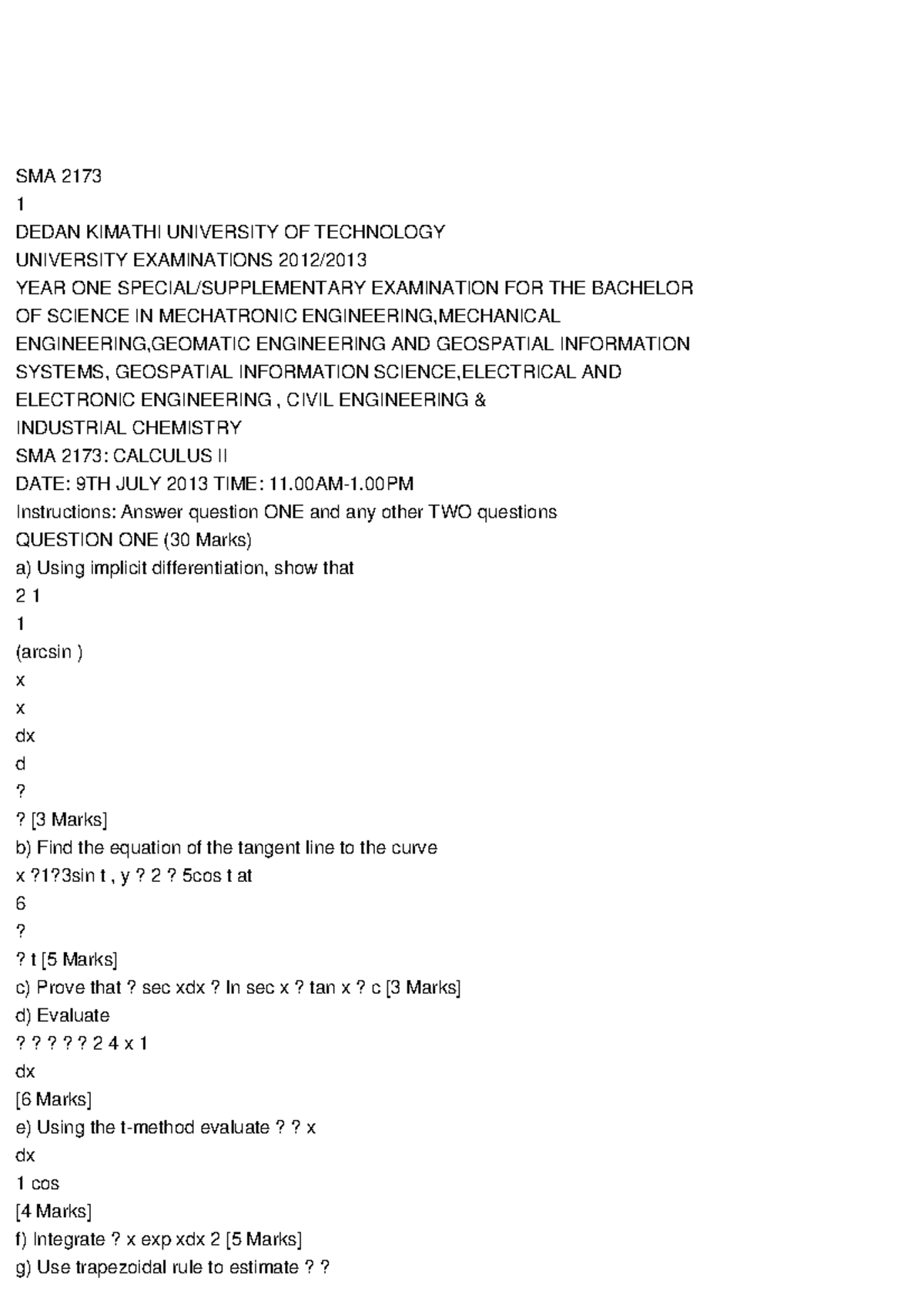 Exam 16 June 2014, questions - SMA 2173 1 DEDAN KIMATHI UNIVERSITY OF ...