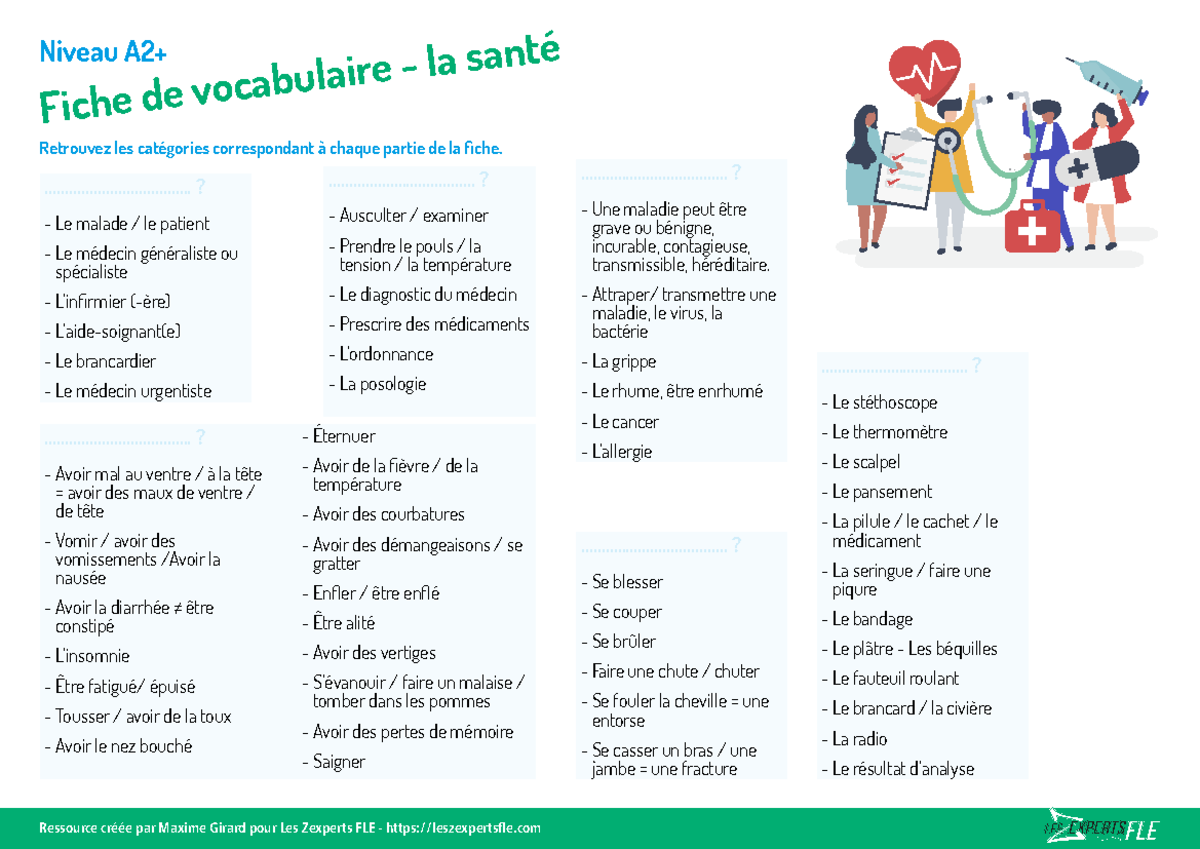 Sante-vocabulaire 2 - Vocabulaire - Fiche de vocabulaire - la santé ...