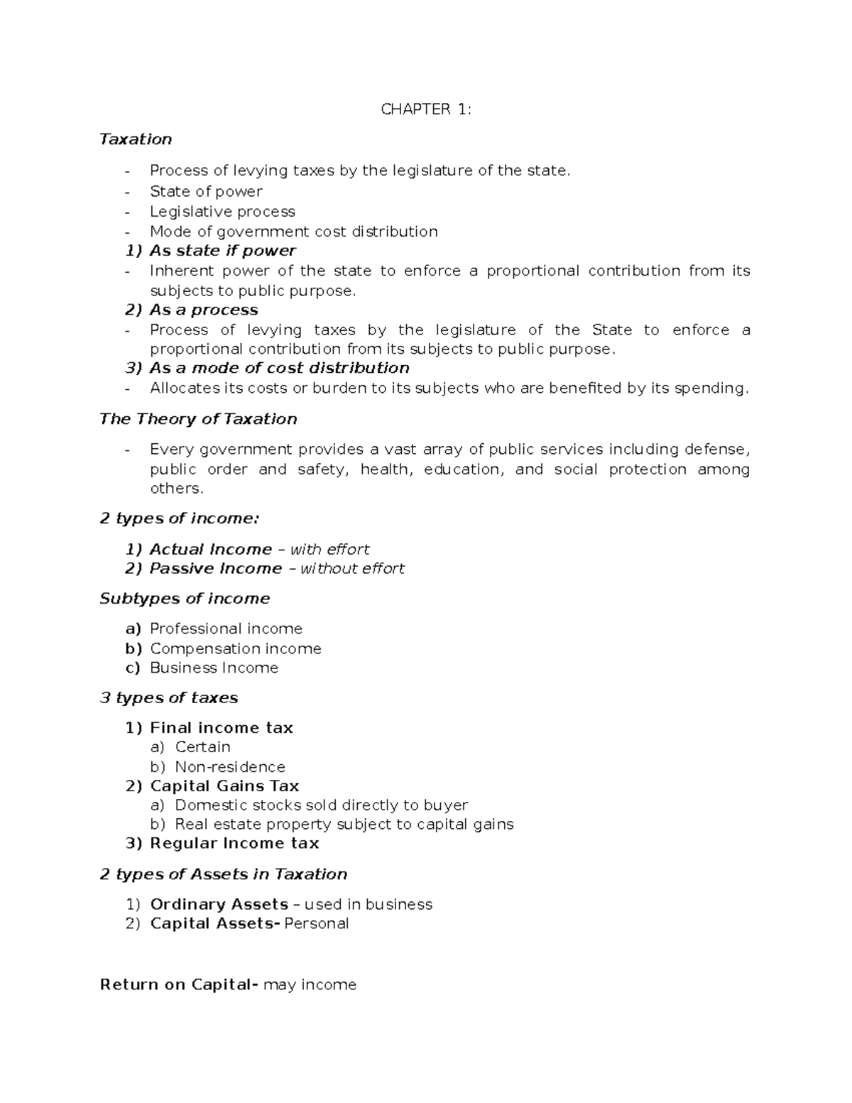 Chapter 1 (notes) - CHAPTER 1: Taxation Process of levying taxes by the ...