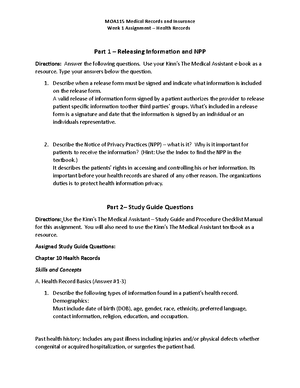 Week 2 Assignment Worksheet - MOA115 Medical Records and Insurance Week 2 Assignment Section A ...