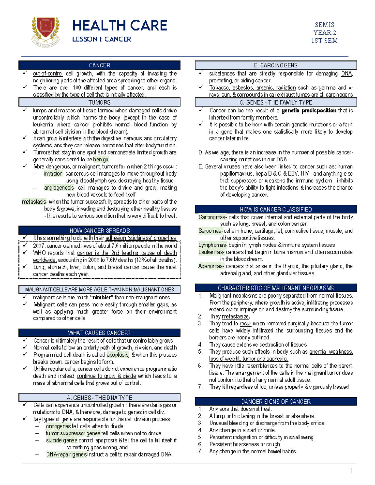 8- Cancer - For study purposes only. - 1 HEALTH CARE LESSON 1 : CANCER ...