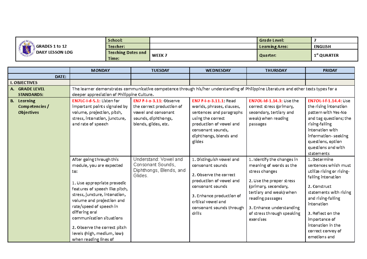 English 7 Q1 W7 ( Speech) - GRADES 1 to 12 DAILY LESSON LOG School ...