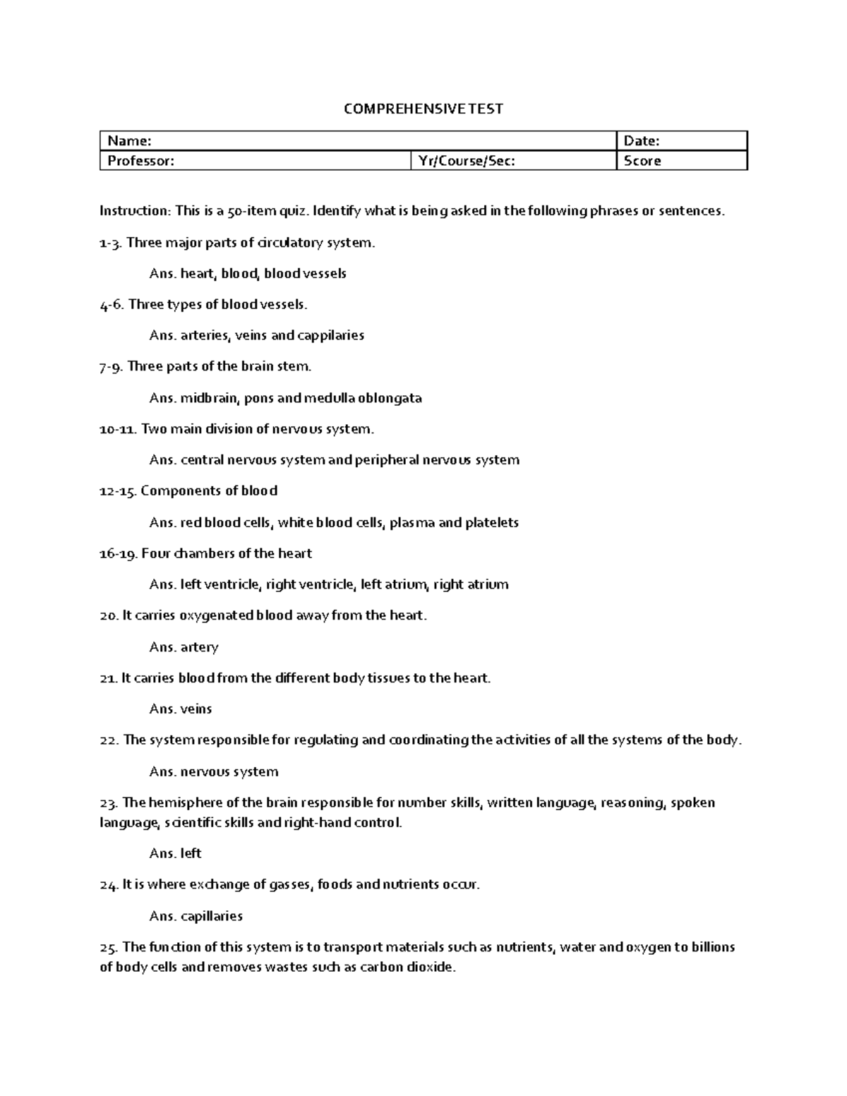 Comprehensive TEST - COMPREHENIVE QUIZ ON SYSTEMS OF HUMAN BODY ...
