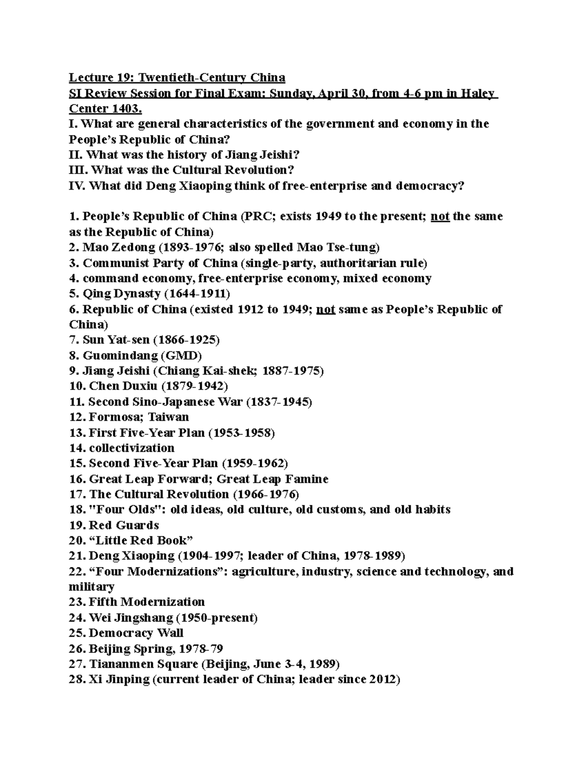 Wh2China Terms - Lecture 19: Twentieth-Century China SI Review Session ...