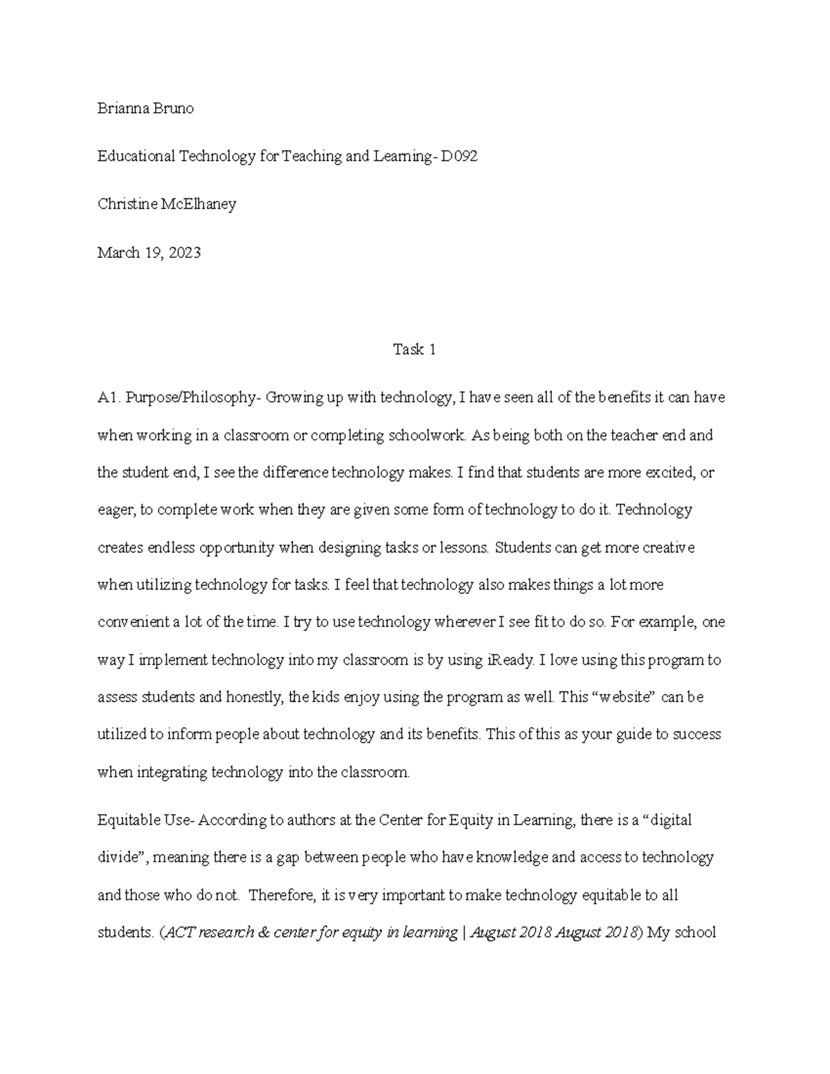 Tech task 1 - task 1- pass - Brianna Bruno Educational Technology for ...