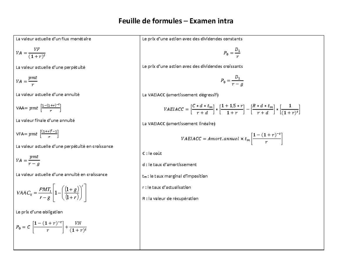 10200 Formules Intra - Warning: TT: undefined function: 32 Feuille de formules – Examen intra ...
