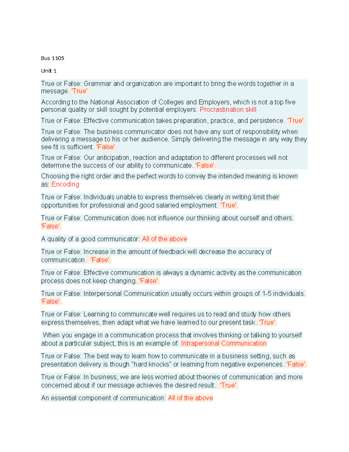 Self quiz unit 1- uop - Practise question - Bus 1105 Unit 1 True or ...