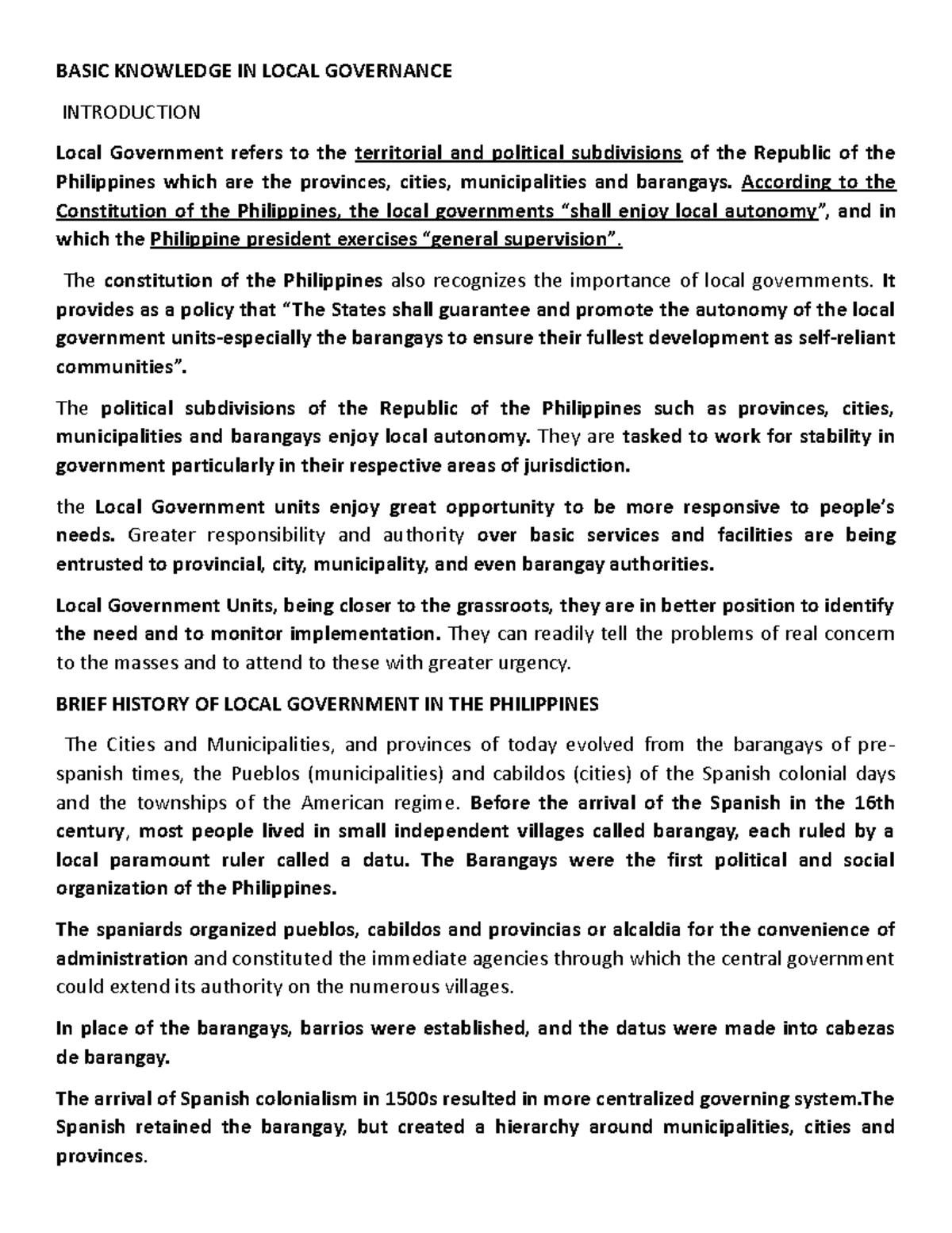 Basic Knowledge IN Local Governance - BASIC KNOWLEDGE IN LOCAL ...