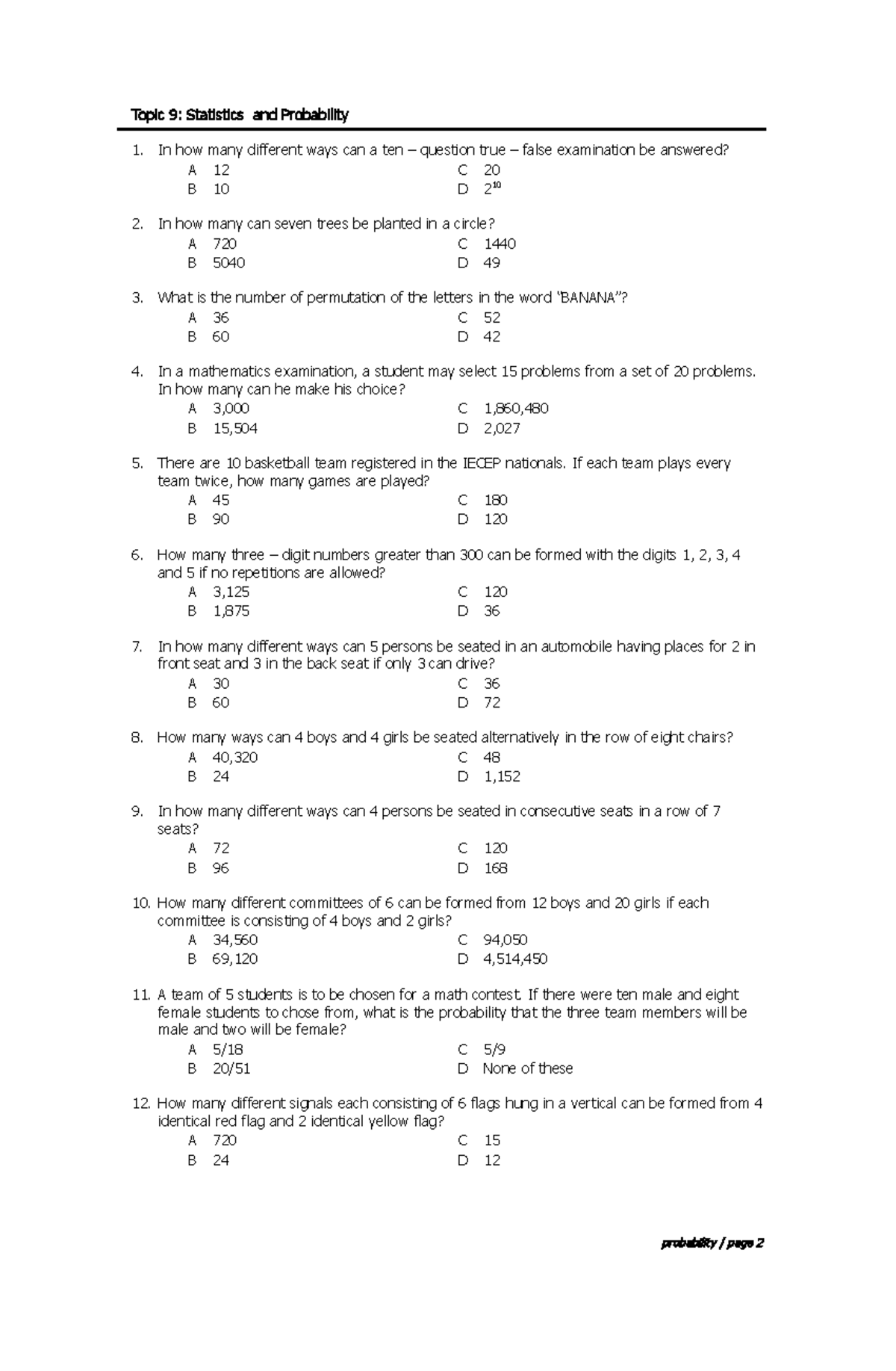 Probability Exam - Topic 9: Statistics and Probability In how many ...