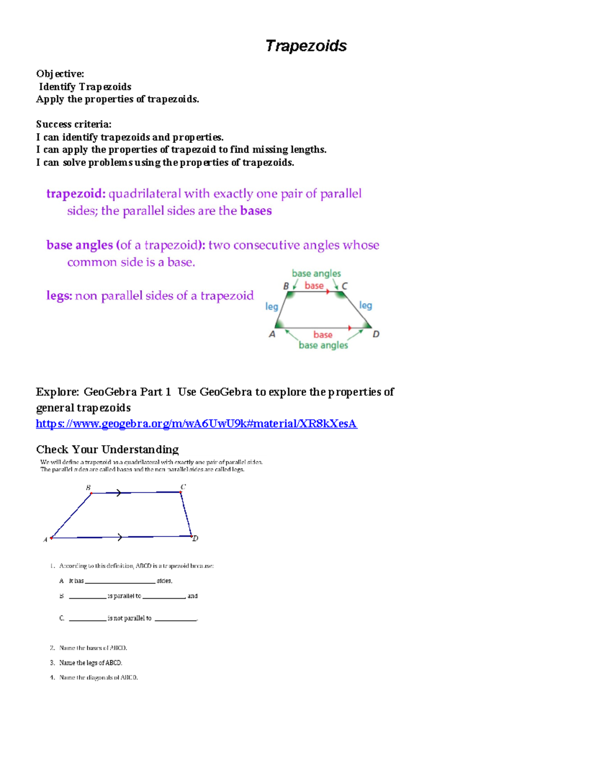 Trapezoids - Summary mathematics 2 - Trapezoids Objective: Identify ...