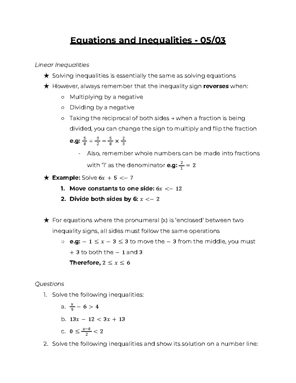 Maths Worksheet - Equations and Inequalities - 05/ Linear Inequalities ...