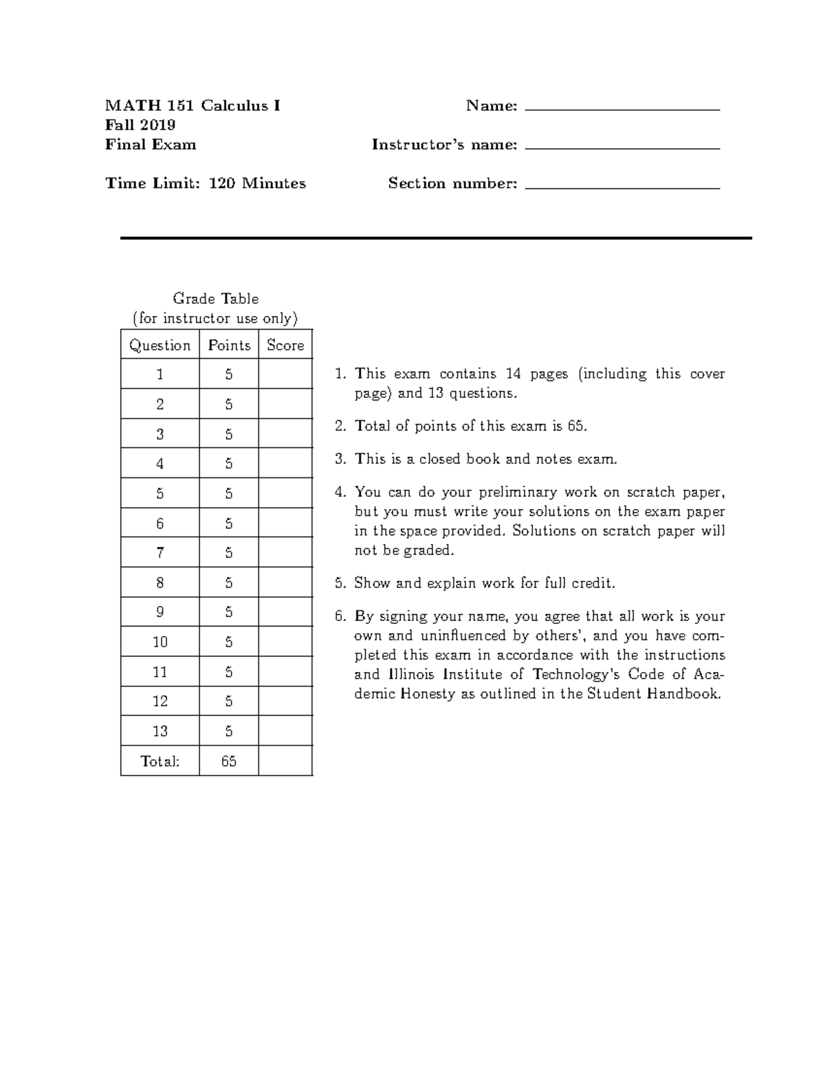 MATH 151 Final 2 Questions MATH 151 Calculus I Name Fall 2019 Final