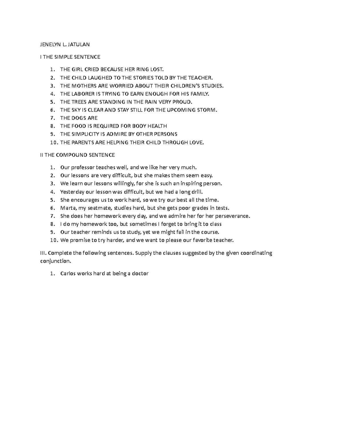 Document - LEA - JENELYN L. JATULAN I THE SIMPLE SENTENCE 1. THE GIRL ...