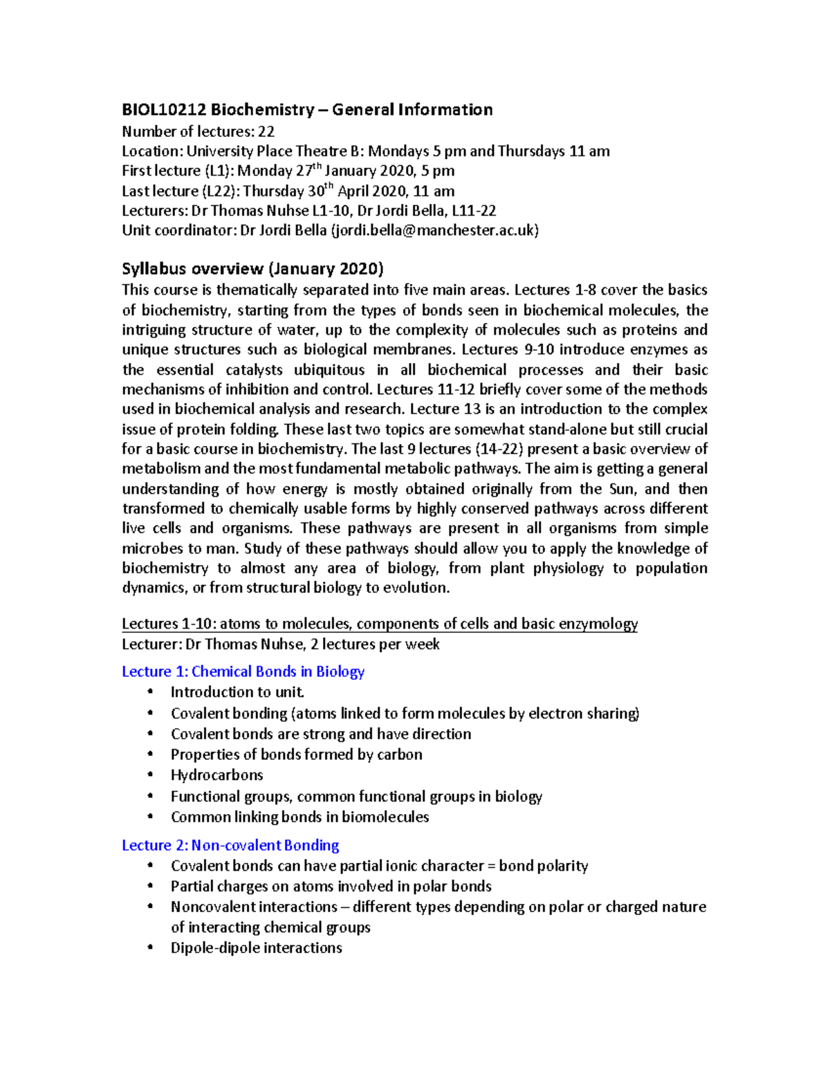 BIOL10212 Biochemistry summary - BIOL10212 Biochemistry – General ...