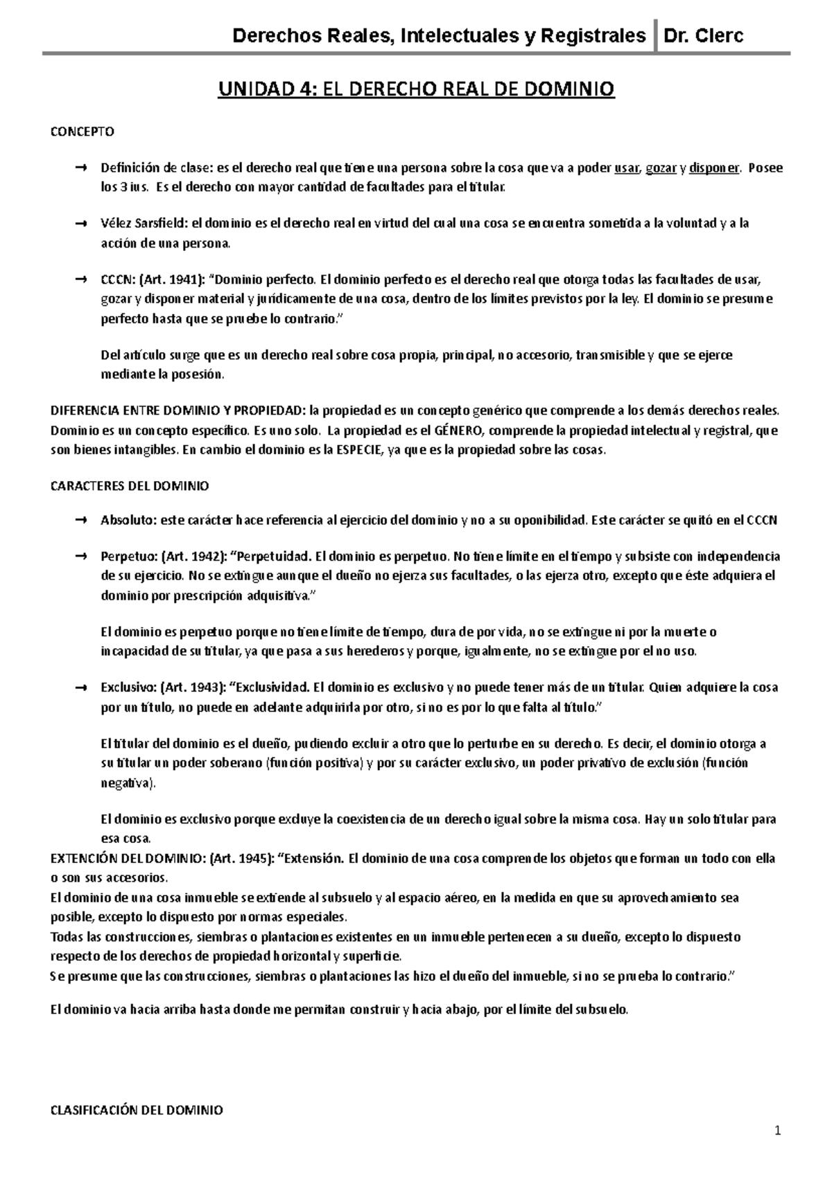 Unidad 4 - Dominio - UNIDAD 4: EL DERECHO REAL DE DOMINIO CONCEPTO ...