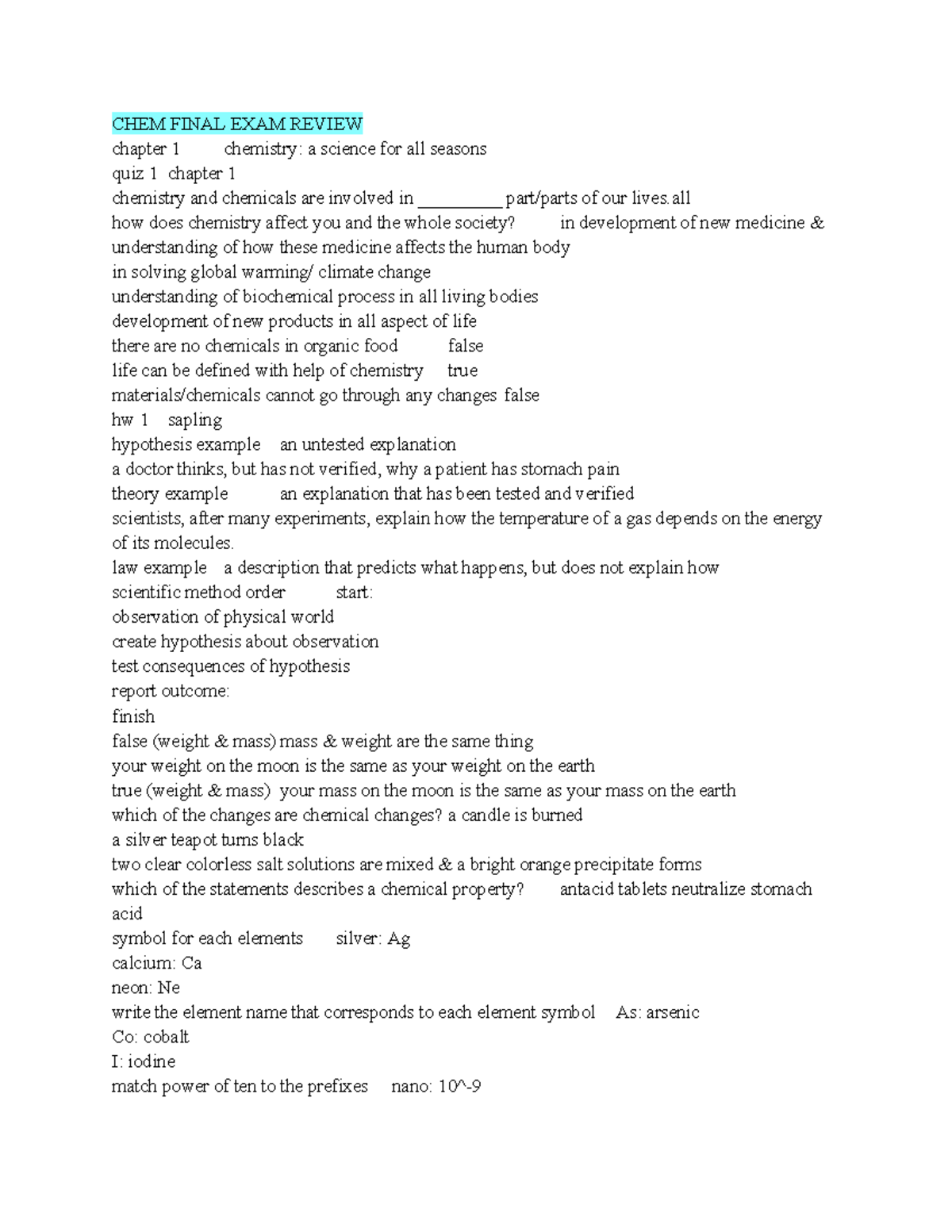 CHEM Final EXAM Review - CHEM FINAL EXAM REVIEW chapter 1 chemistry: a ...