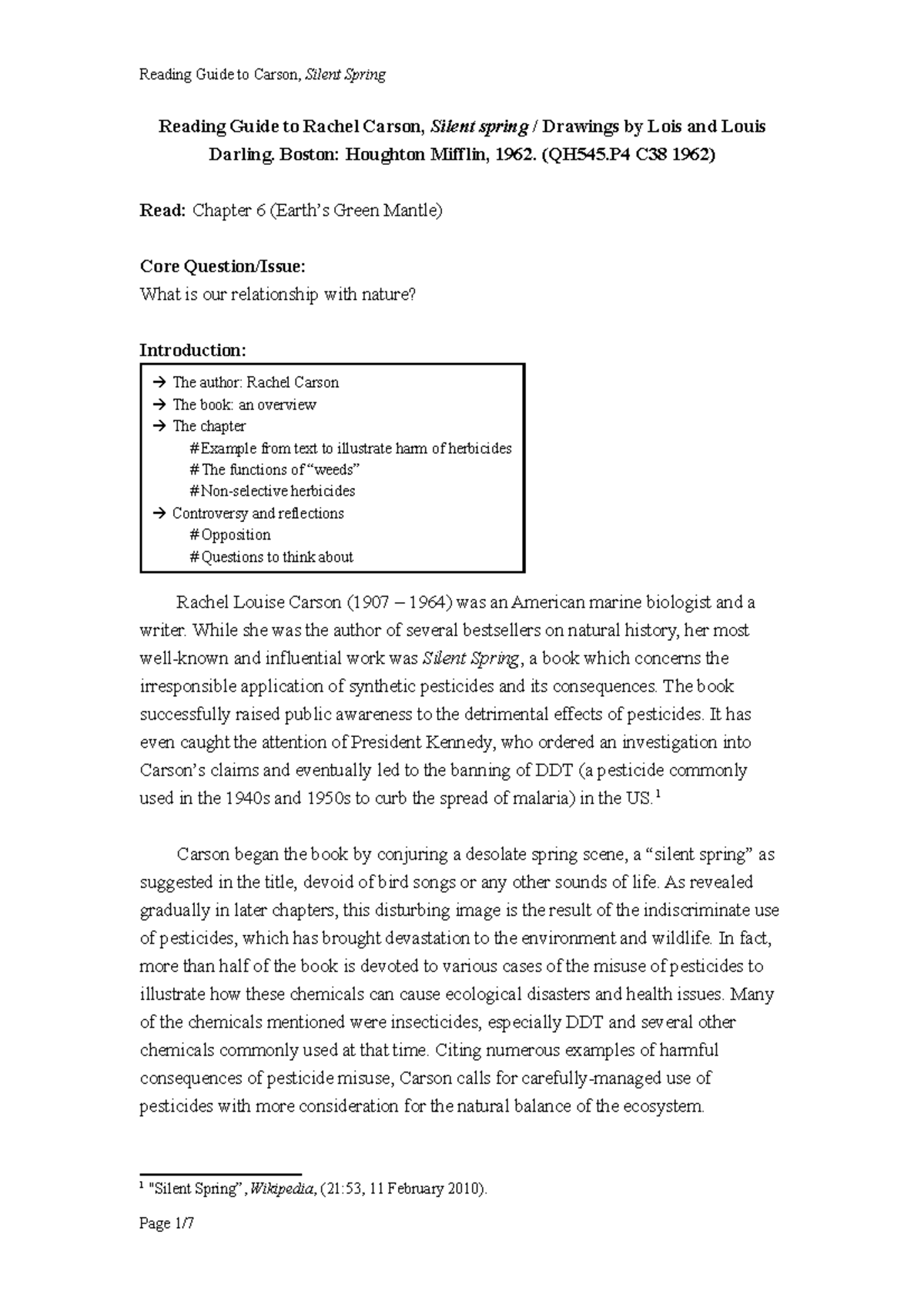 06Reading Guide-Carson - Reading Guide to Rachel Carson, Silent spring ...