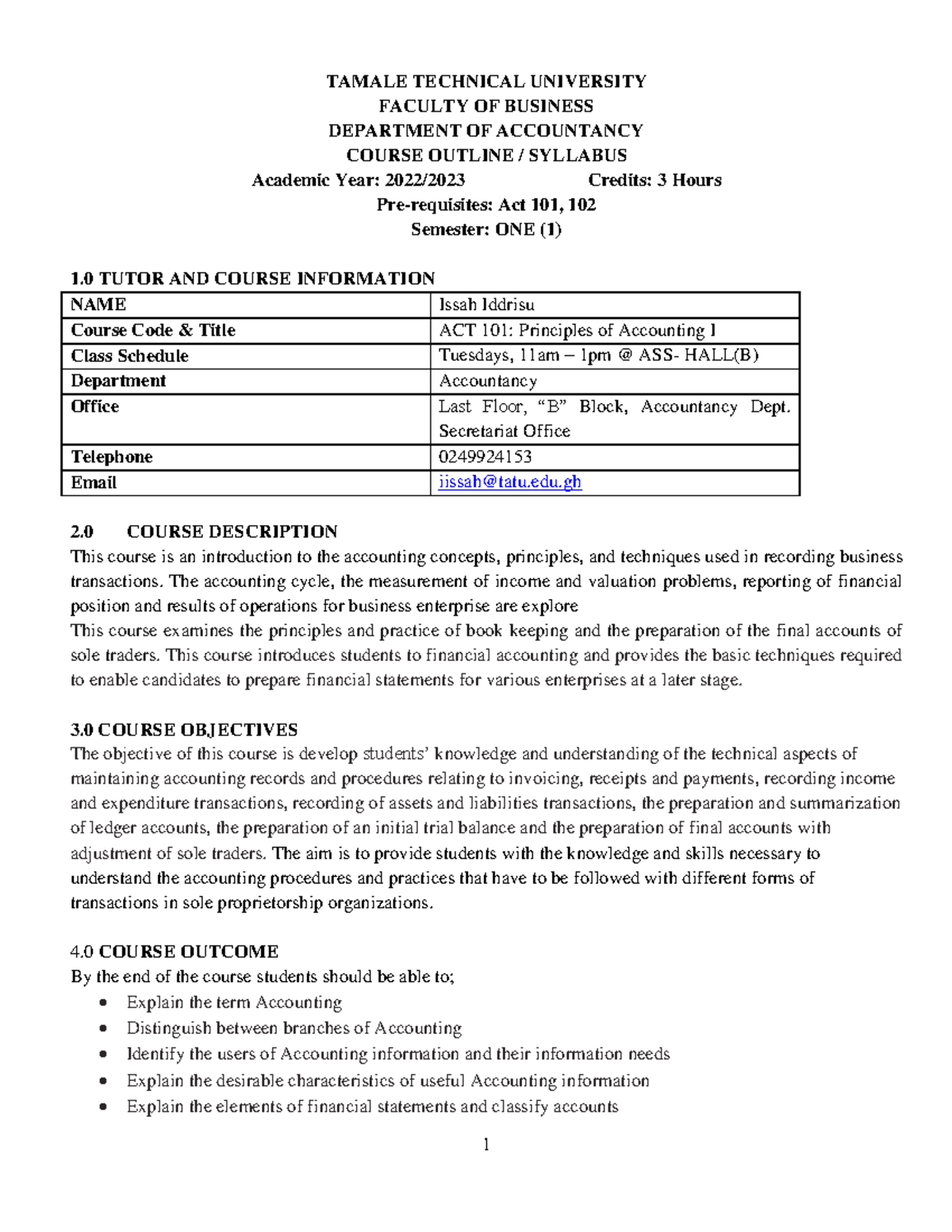 Principles of Accounting I - TAMALE TECHNICAL UNIVERSITY FACULTY OF ...