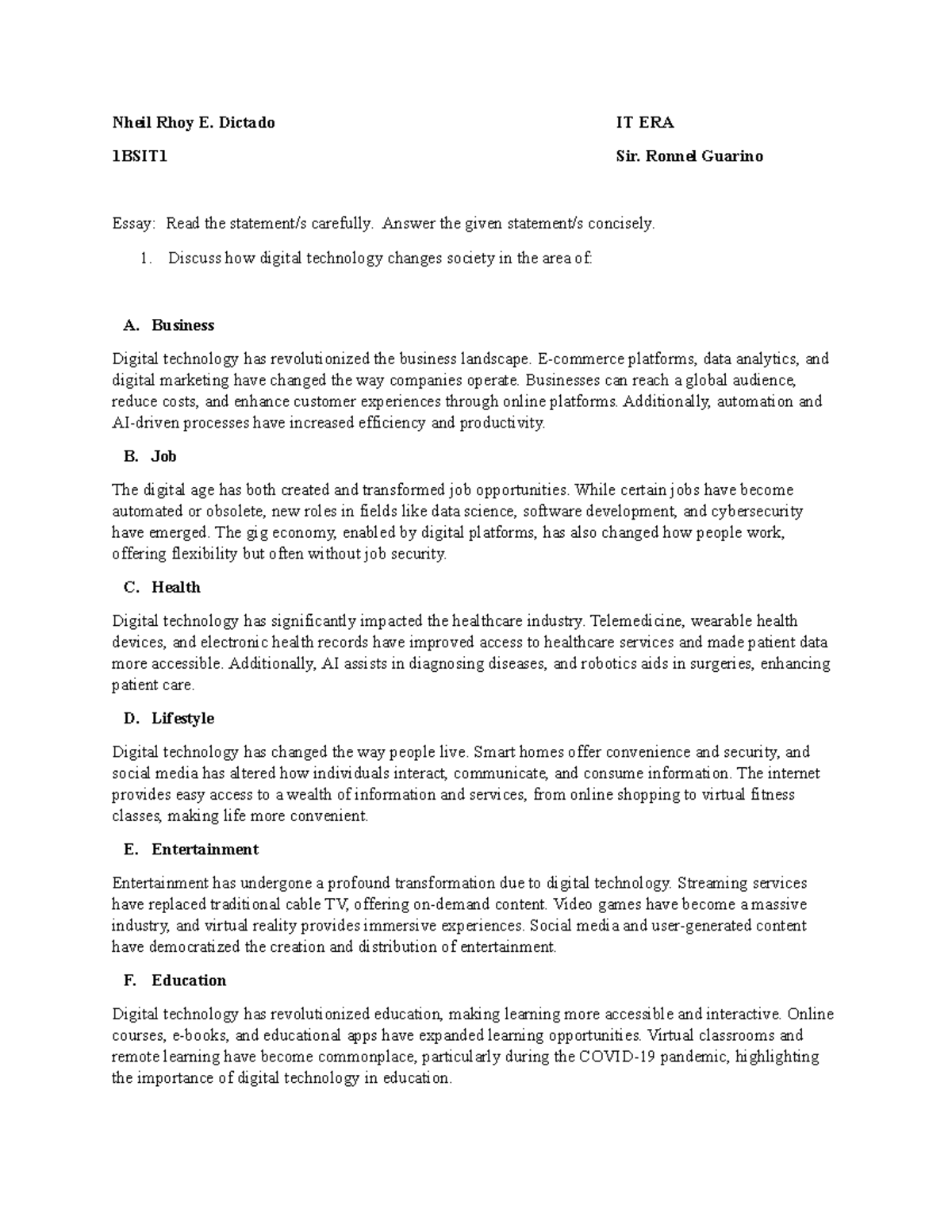 Information Technology era - Nheil Rhoy E. Dictado IT ERA 1BSIT1 Sir ...