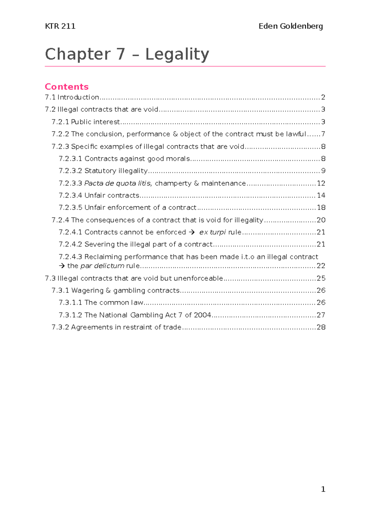 Chapter 7 - KTR 211 Eden Goldenberg Chapter 7 Legality Contents 7 - Studocu