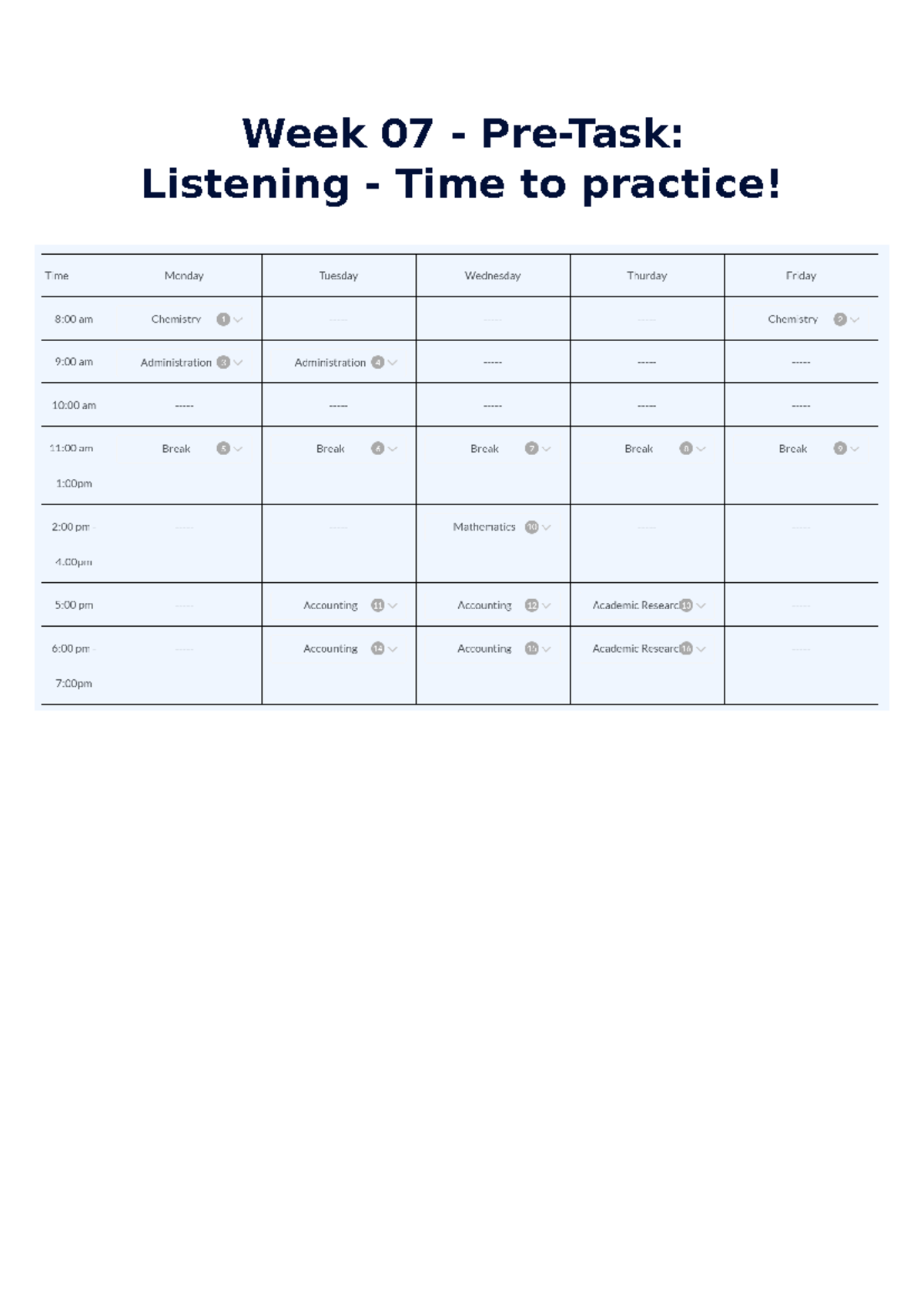 Ingles III Week 07 Pre Task Listening Time to practice - Week 07 - Pre ...