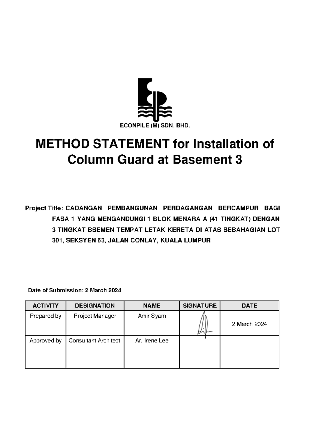 Method Statement for Installation of Column Guard at Basement 3 ...
