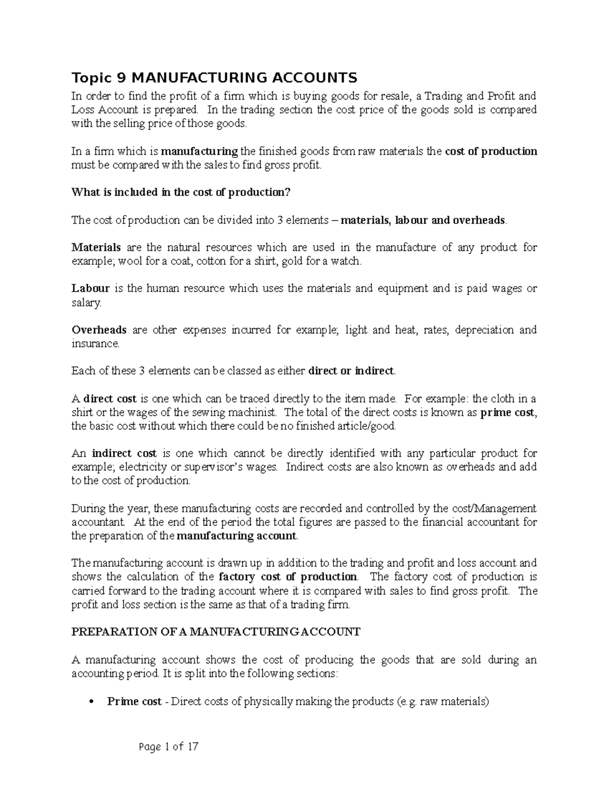 Manufacturing Accounts and examples - Topic 9 MANUFACTURING ACCOUNTS In ...