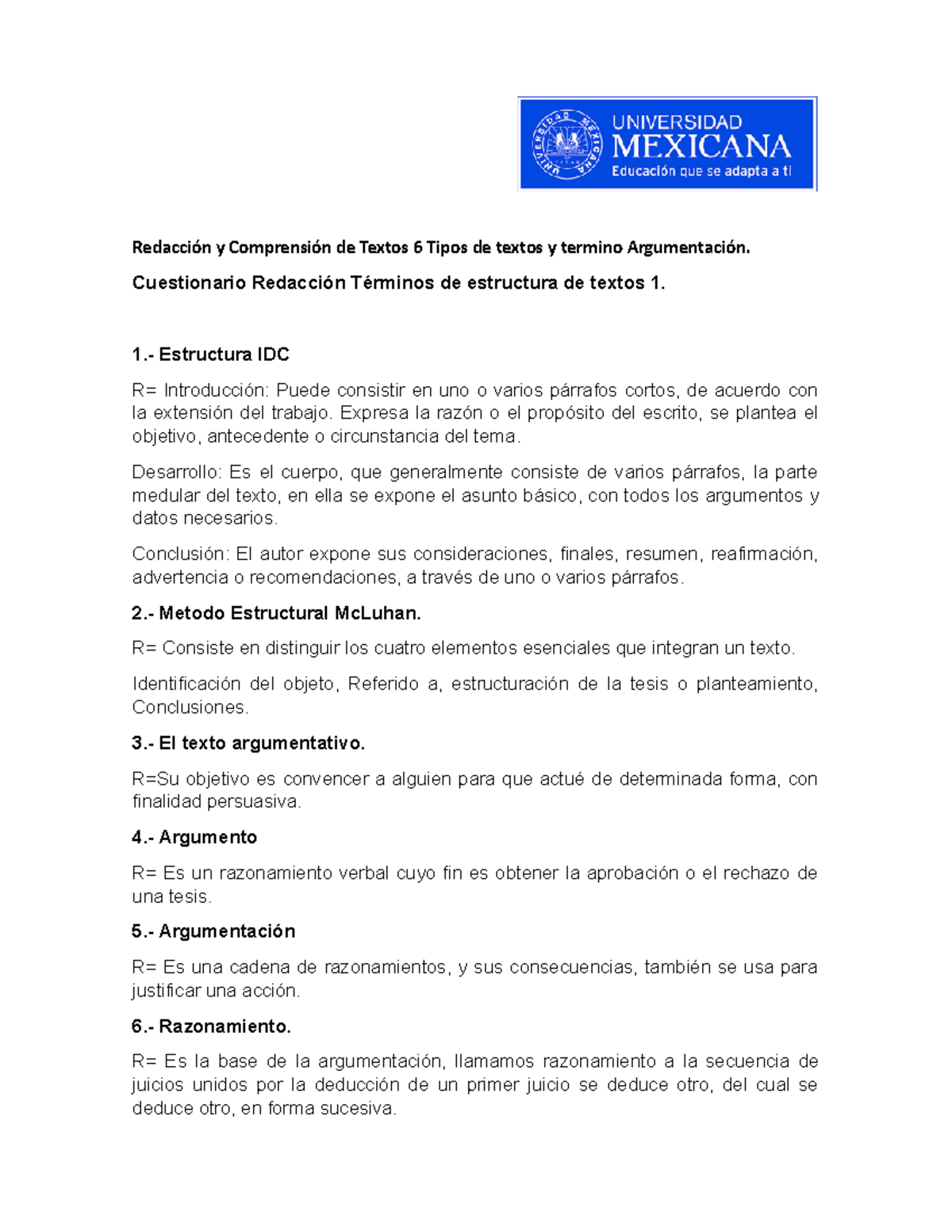 Tipos de textos y termino Argumentación 7 - Cuestionario Redacción Términos de estructura de ...