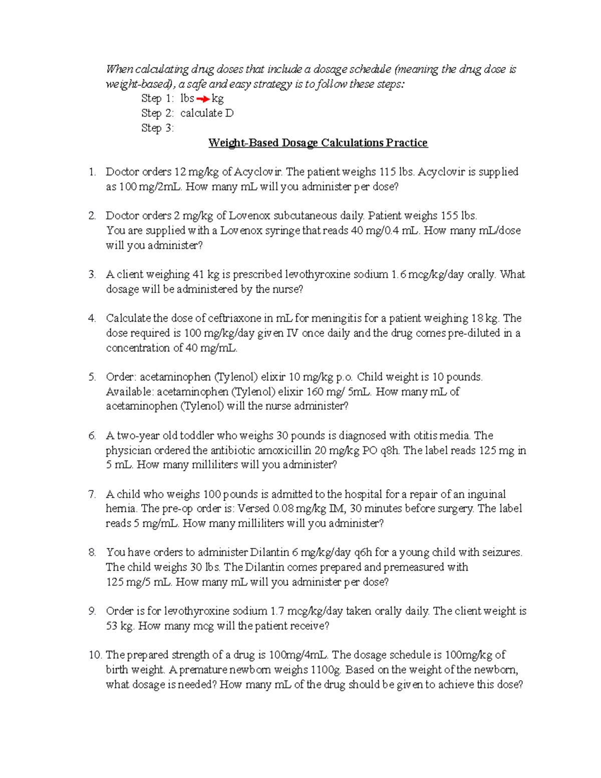 Weignt Based Calculations Practice No Answers - When calculating drug ...