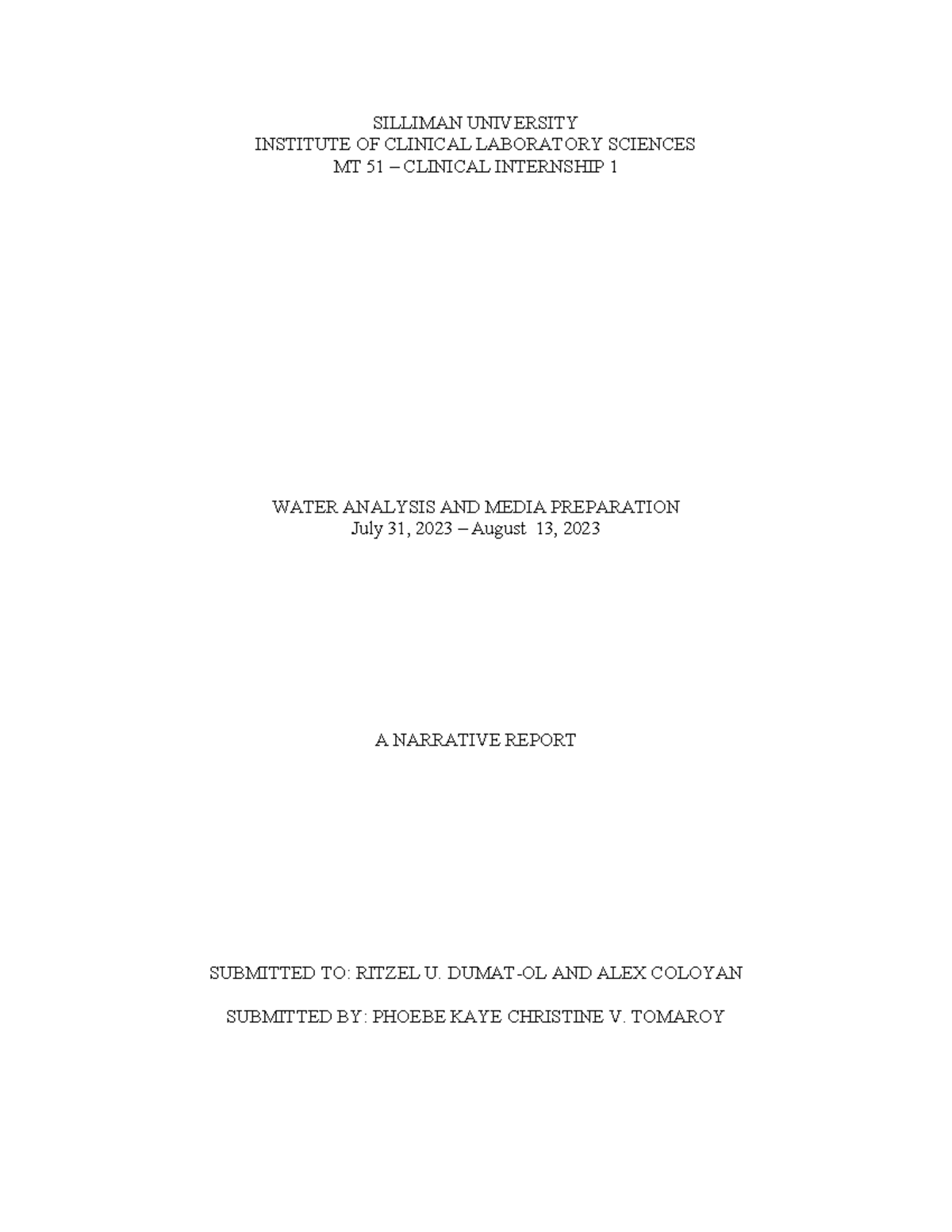 Water ANA NR - Narrative Report - SILLIMAN UNIVERSITY INSTITUTE OF ...