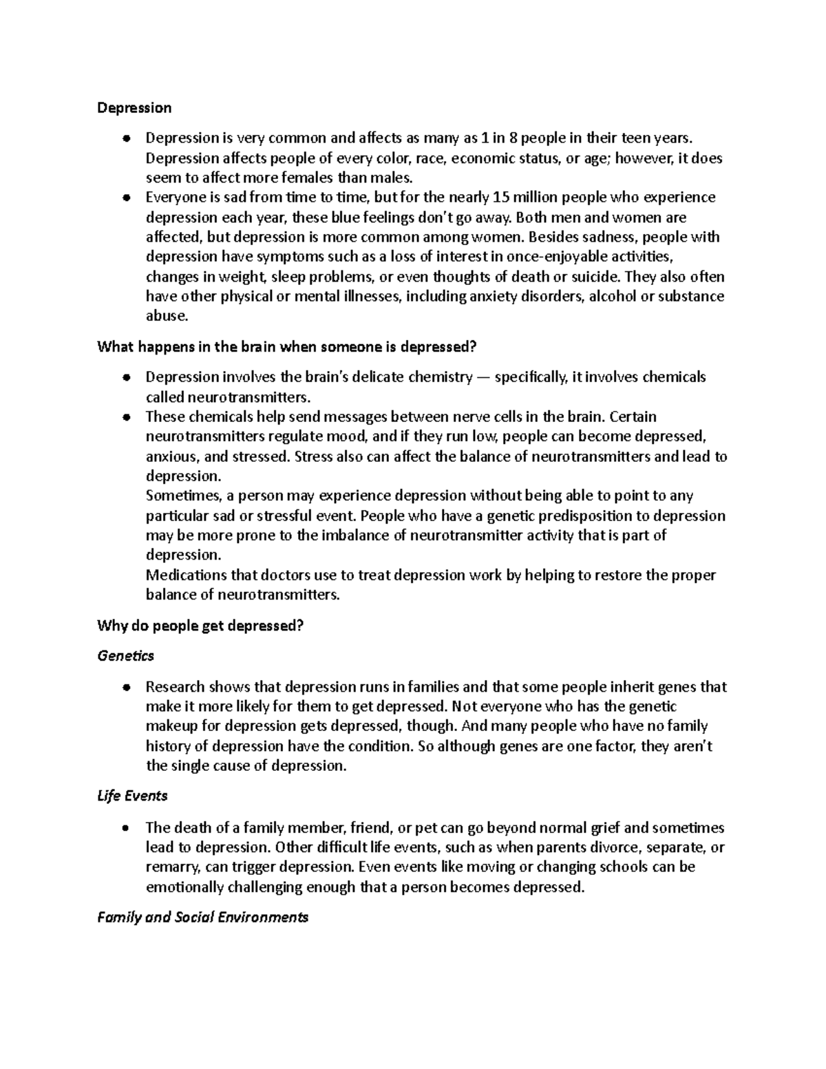 Depression course notes - Depression Depression is very common and ...