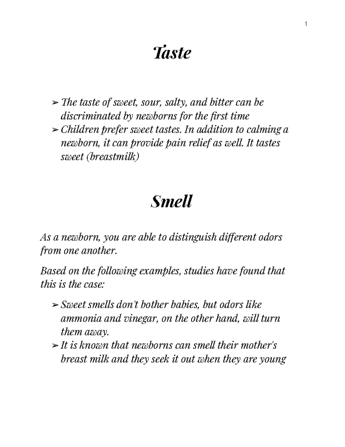 Chapter 5 Notes PT XVI - The Senses II - 1 Taste The taste of sweet ...