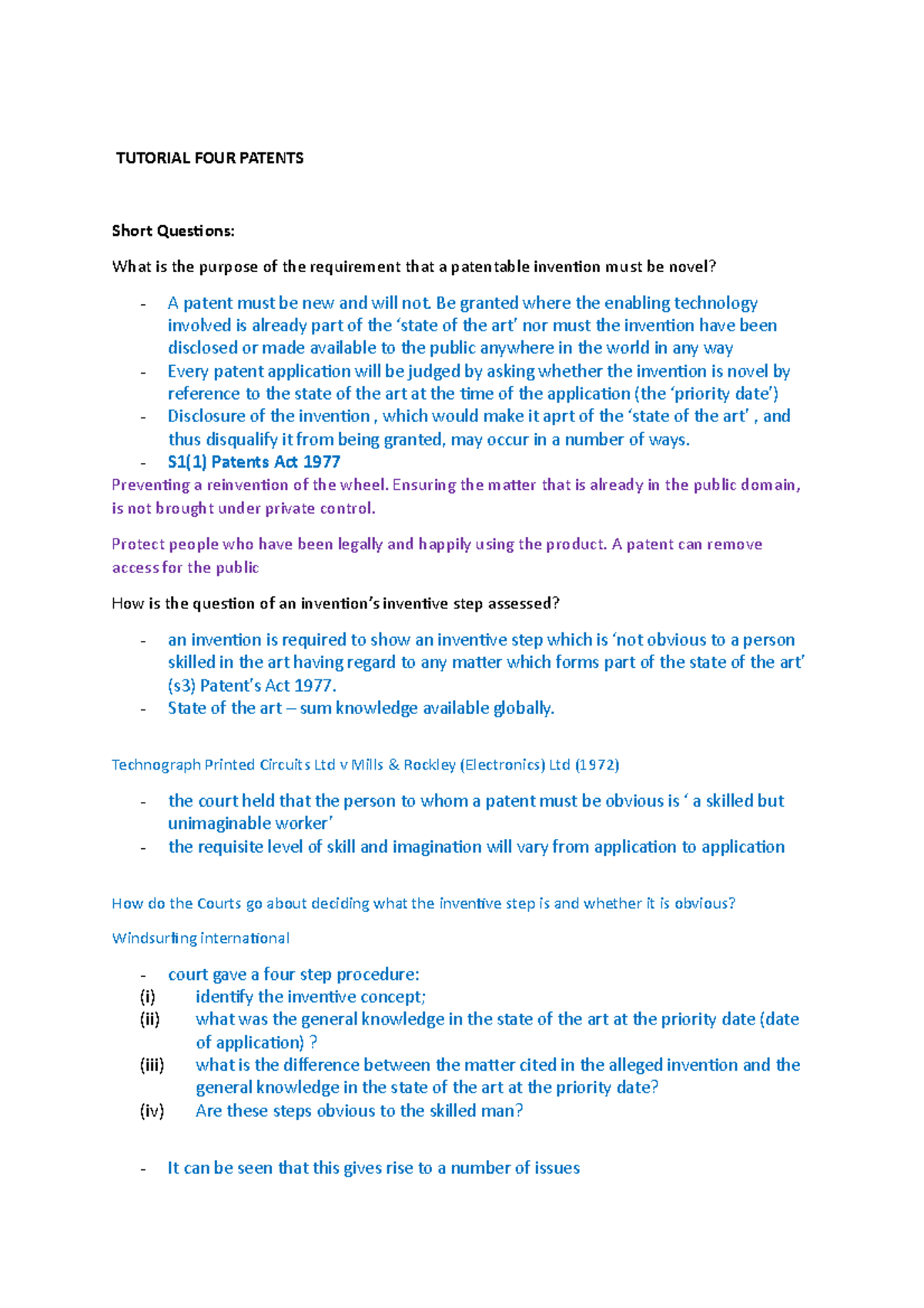 Tutorial 4- Patents - TUTORIAL FOUR PATENTS Short Questions: What is ...