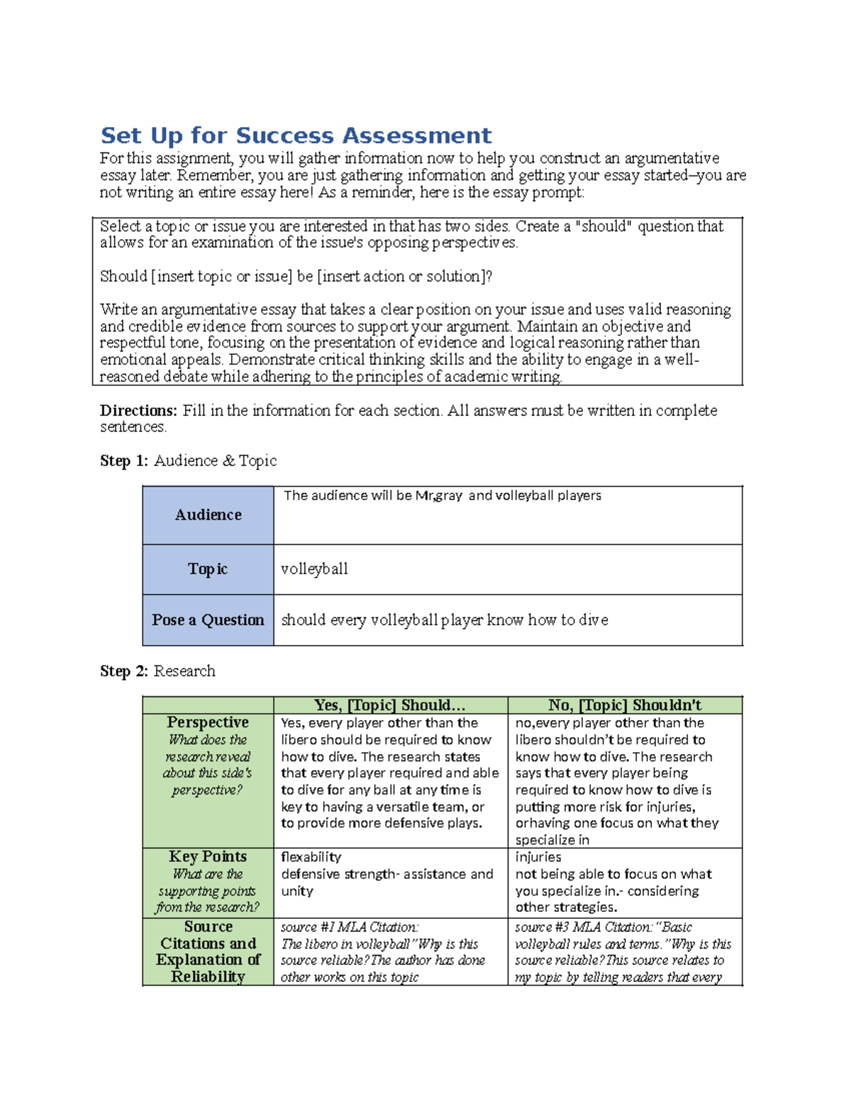 Set up for success assess rubric - Set Up for Success Assessment For ...