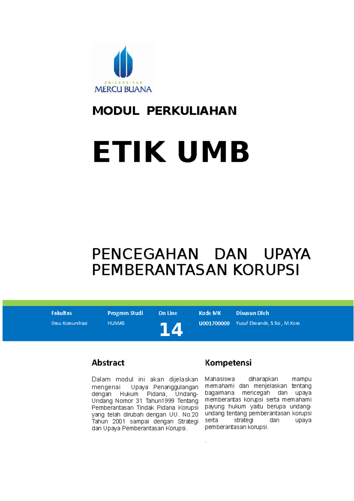 Modul-14 ETIK UMB - MODUL PERKULIAHAN ETIK UMB PENCEGAHAN DAN UPAYA PEMBERANTASAN KORUPSI ...
