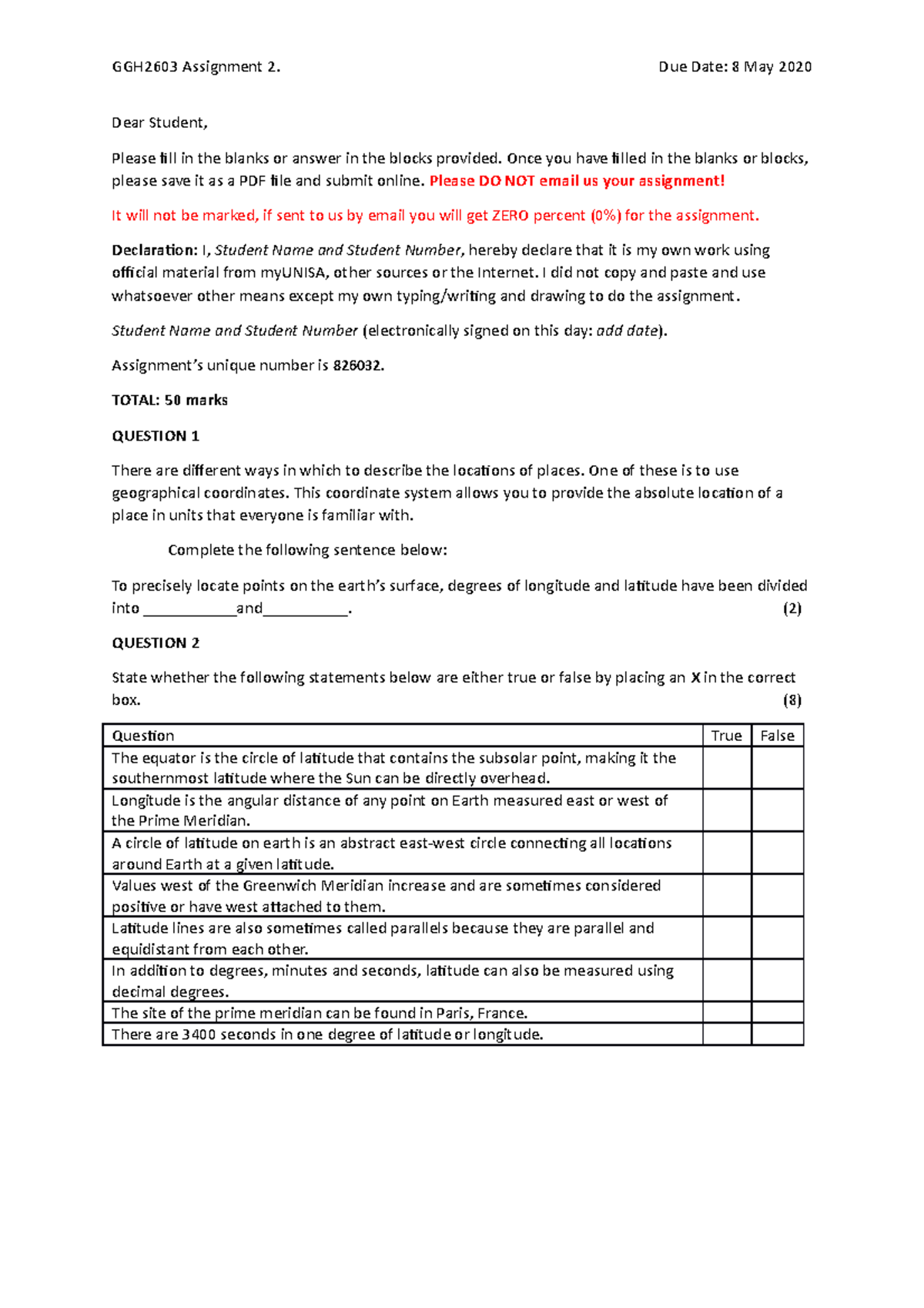 GGH2603 2020 S1 A02 - Dear Student, Please fill in the blanks or answer ...