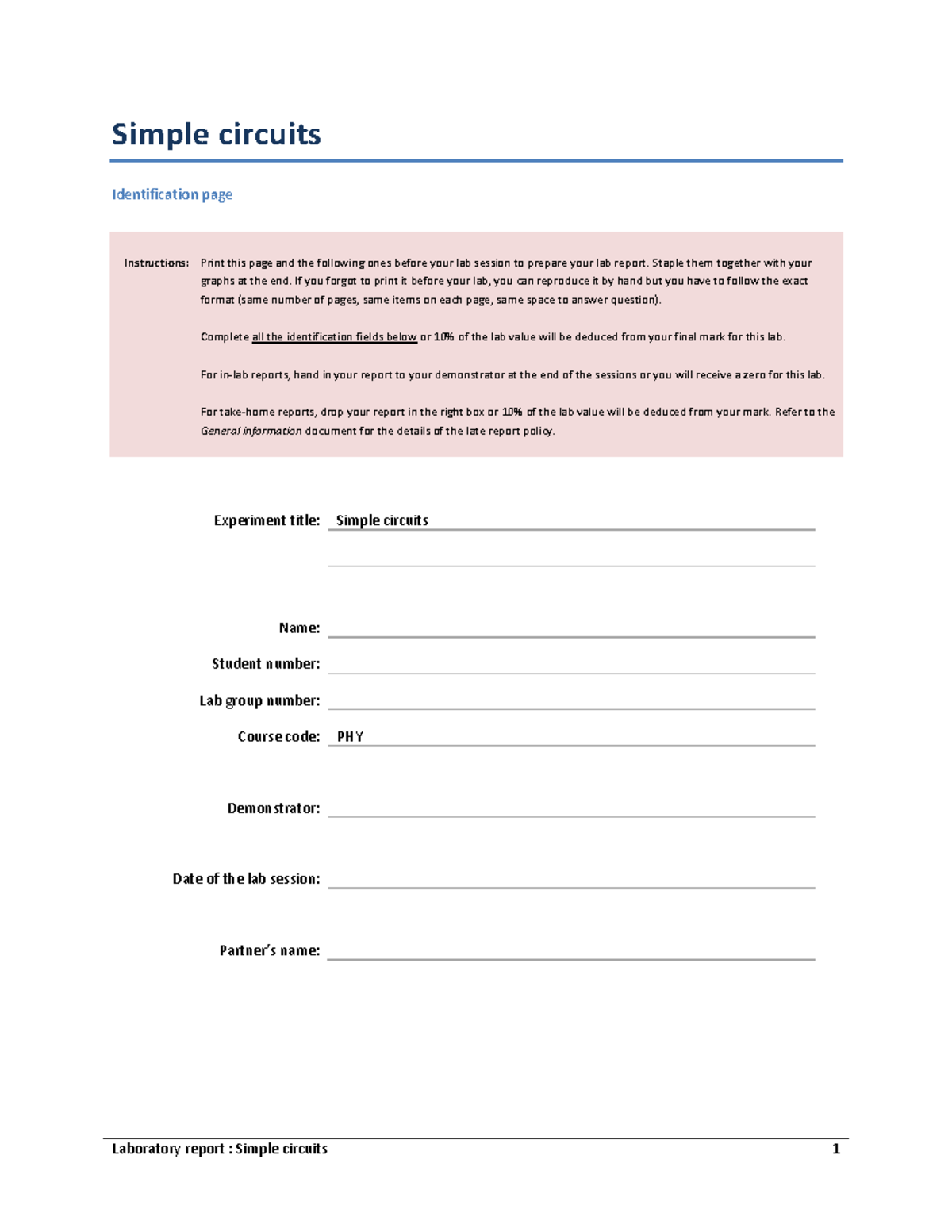 Simple circuits - Report - Simple circuits Identification page ...