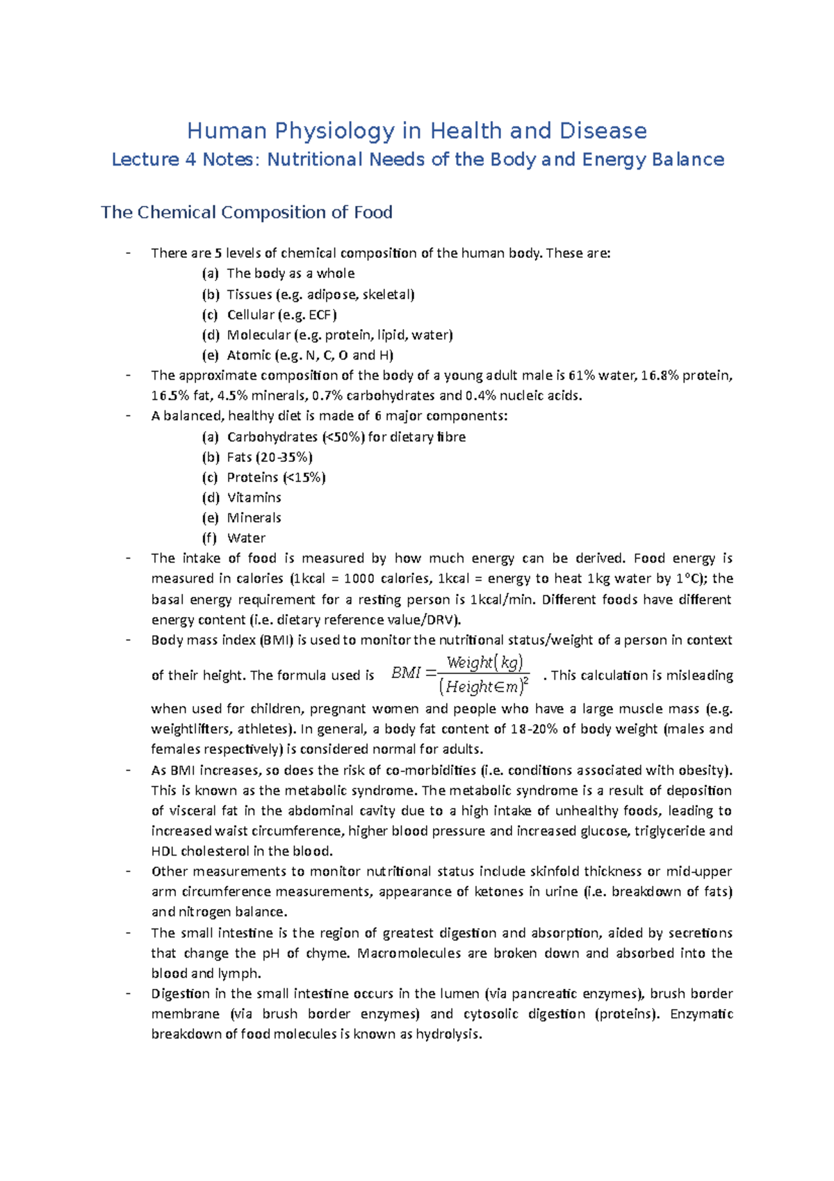 Lecture 4 Notes (Nutrition and Energy Balance) - Human Physiology in ...