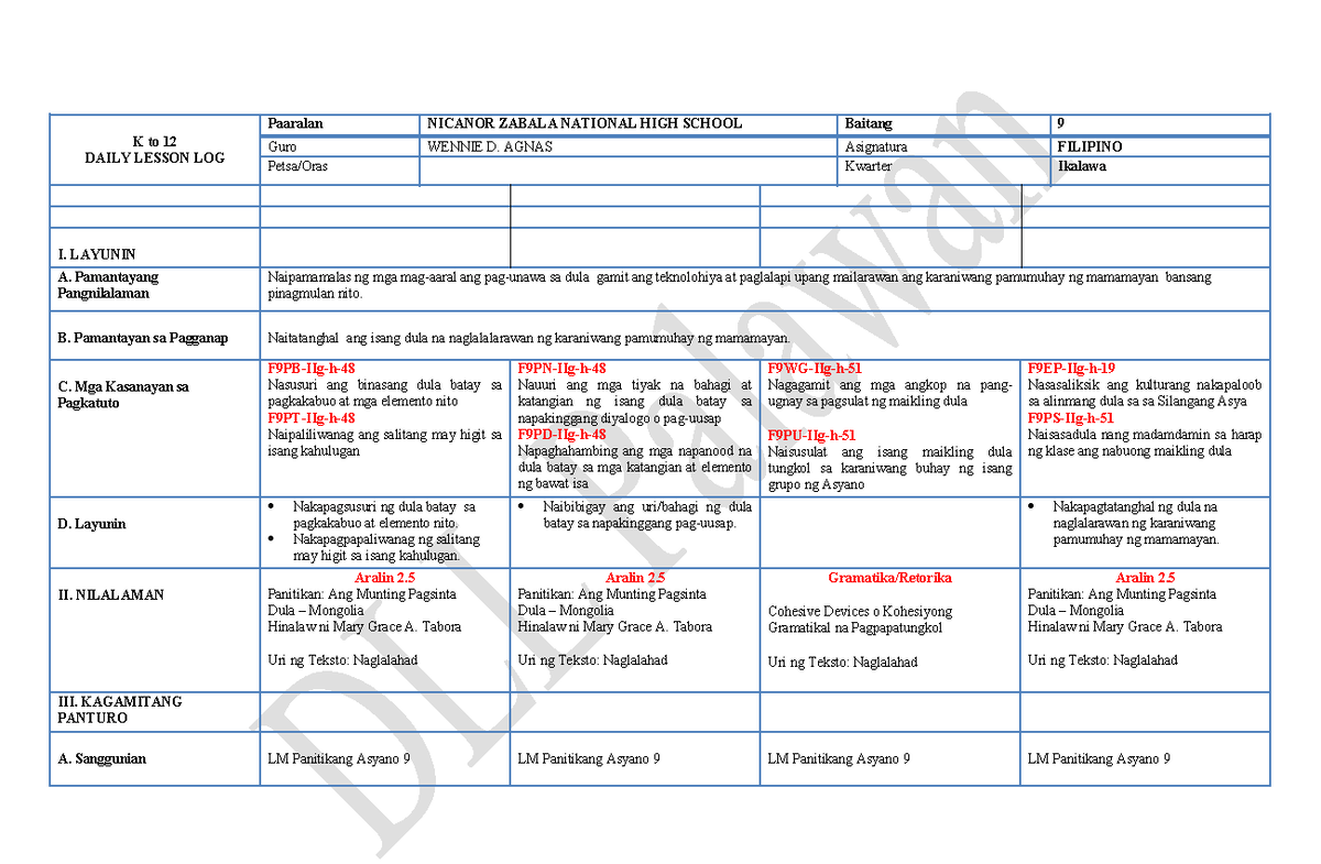 Grade 9- Aralin 2 - NOTES - K to 12 DAILY LESSON LOG Paaralan NICANOR ...
