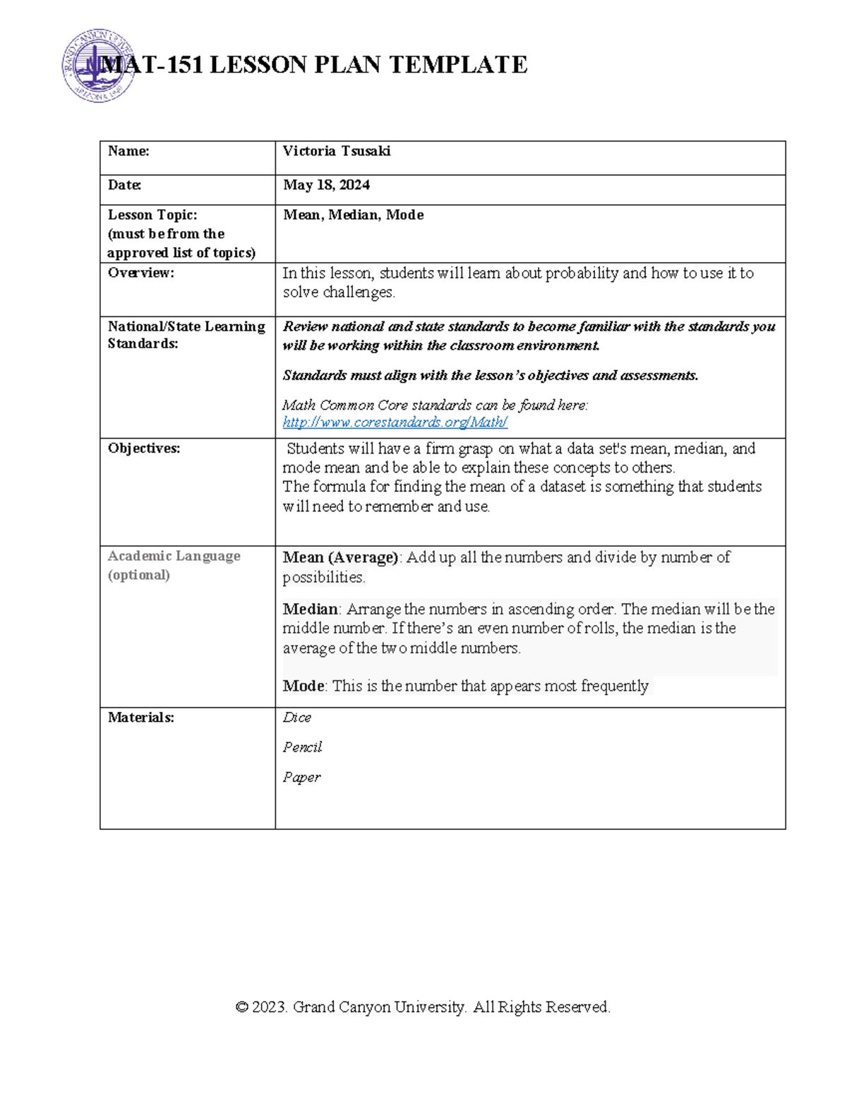 Lesson plan2 Final - :) good luck - MAT-151 LESSON PLAN TEMPLATE Name ...