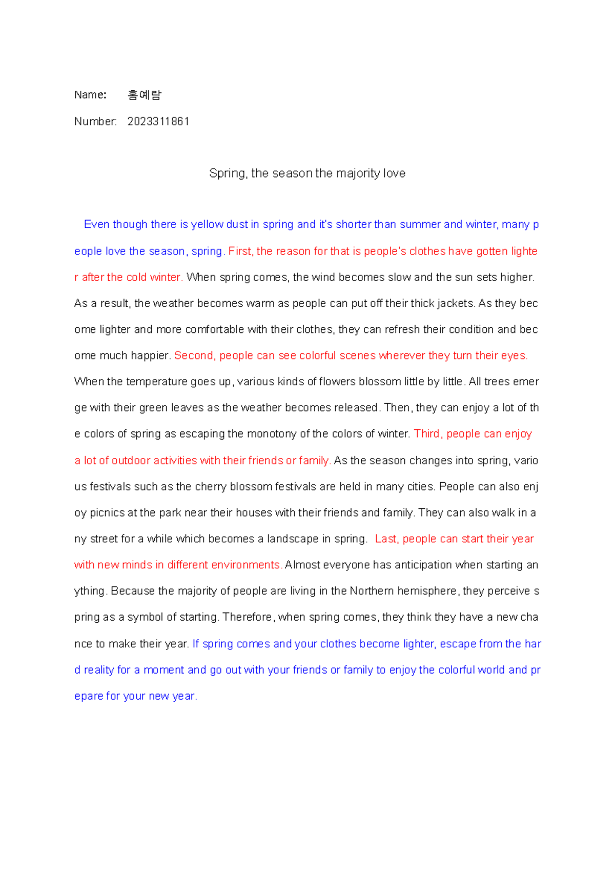 English Writing - Spring Paragraph - Name: 홍예람 Number: 2023311861 ...