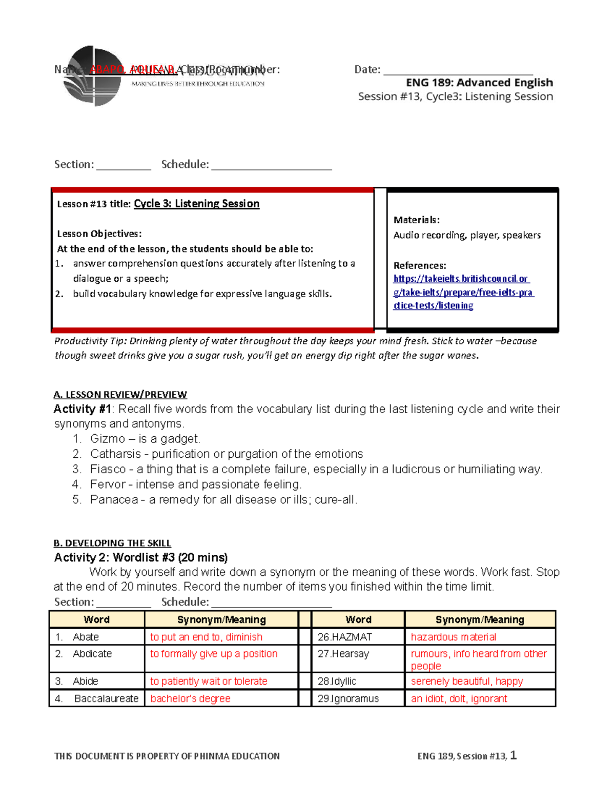 Abapo, Aquea B. ENG 189 SAS#13 listening - Section: _________ Schedule