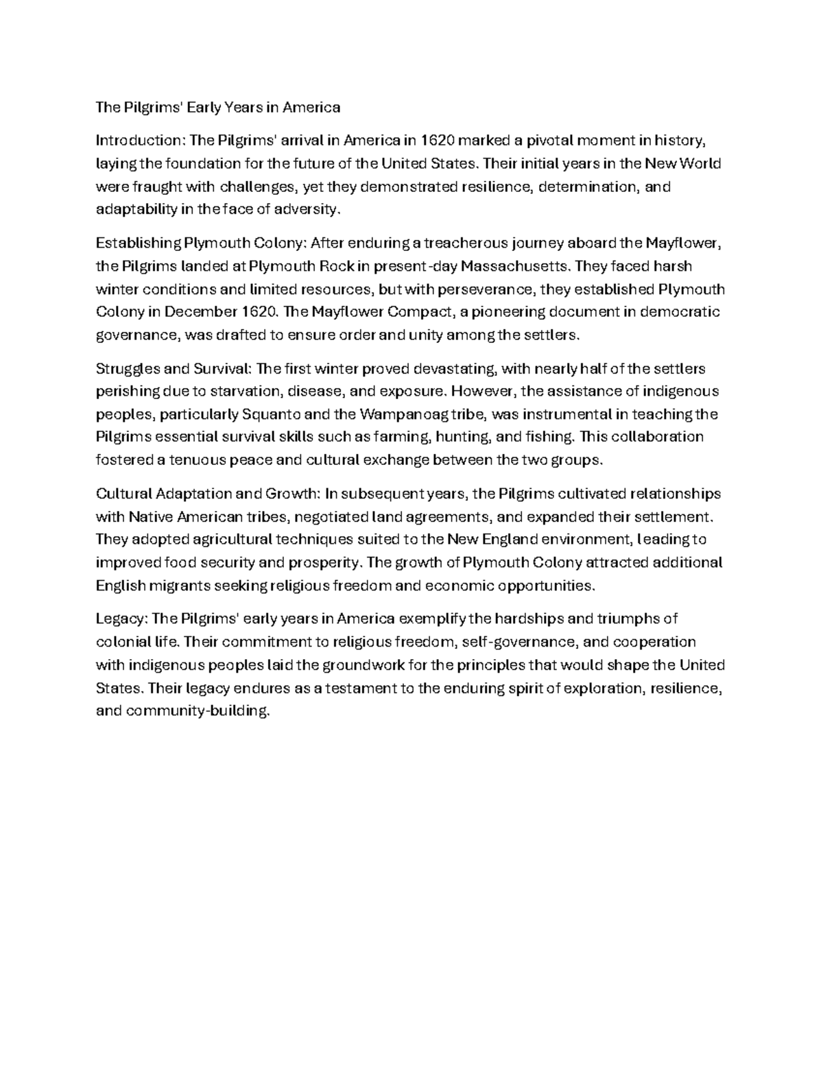 History - notes - The Pilgrims' Early Years in America Introduction ...