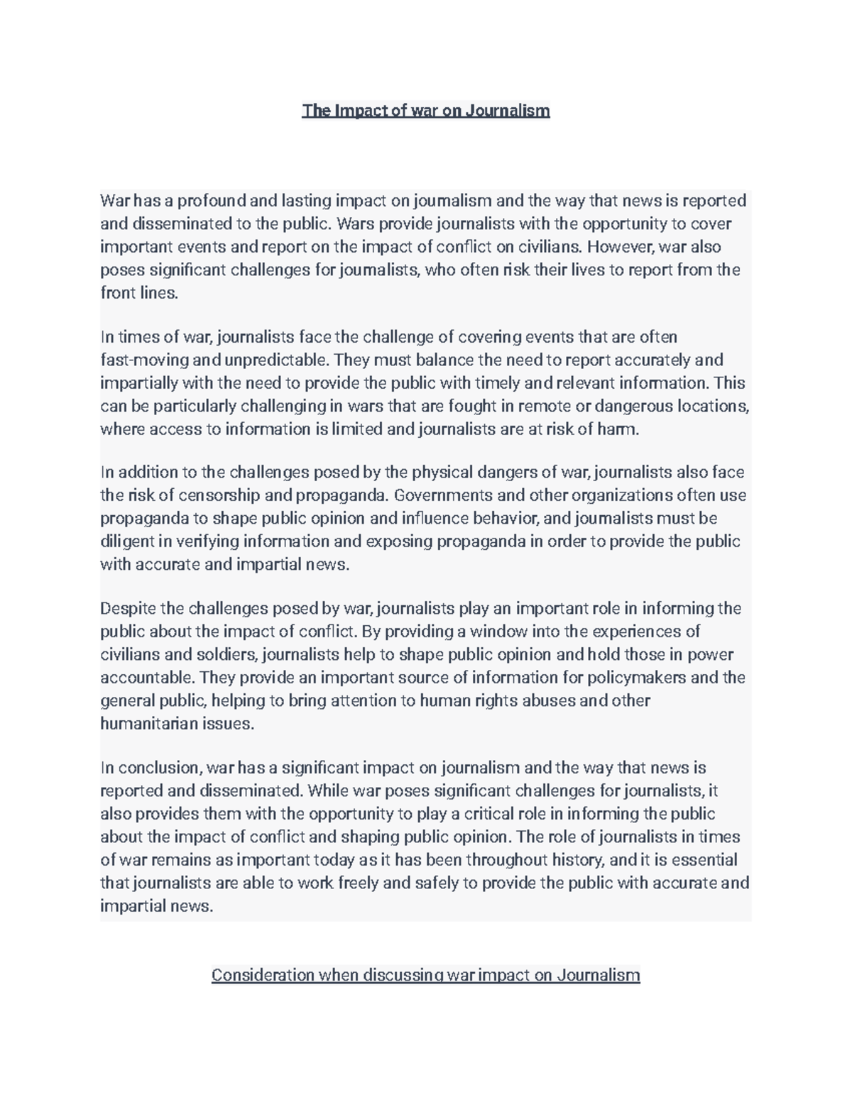 The Impact of war impact on Journalism - The Impact of war on ...